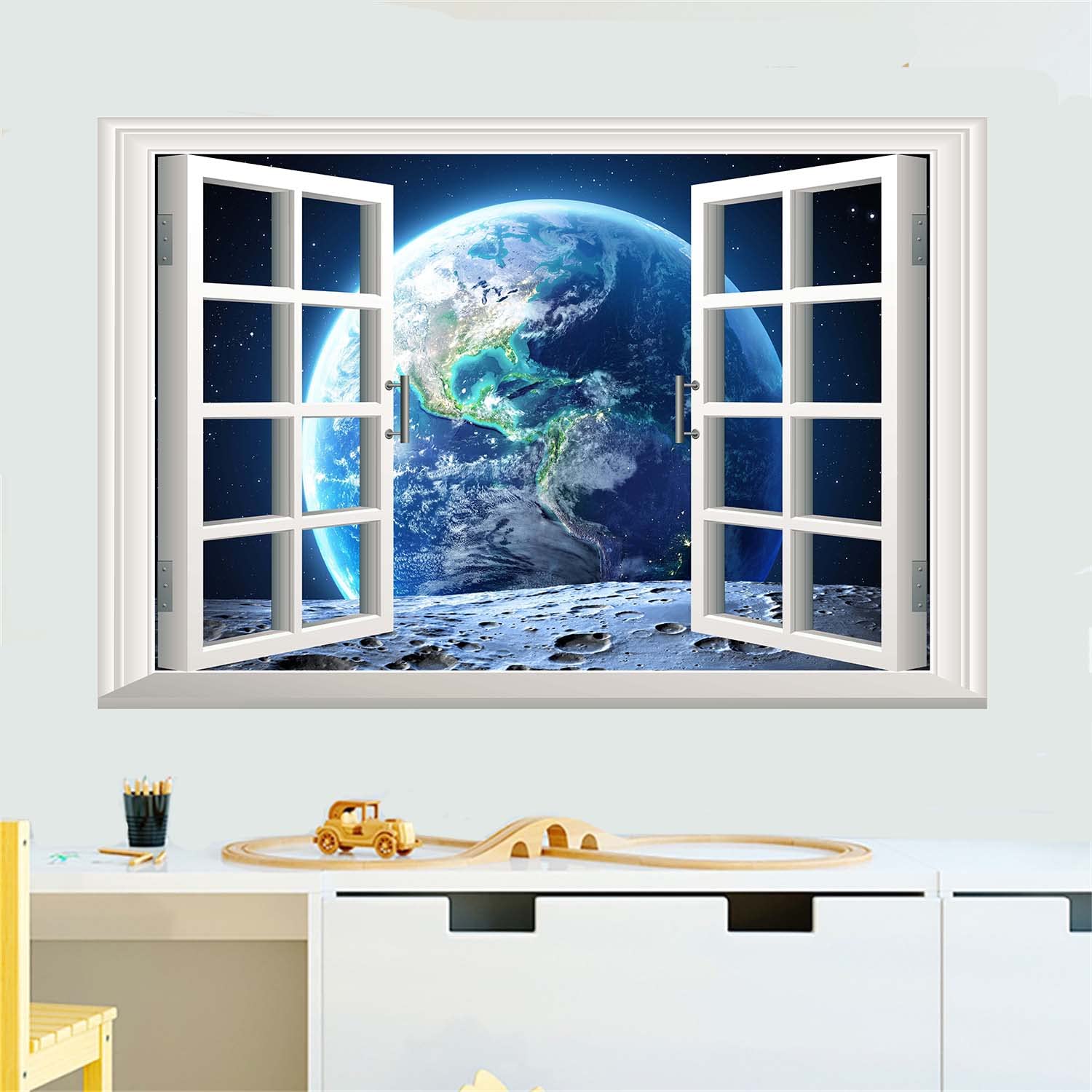 3D Space Stickers,Removable Earth Pattern Window View Wall Decals for Kids Room Living Room Nursery Decorations (Space1)