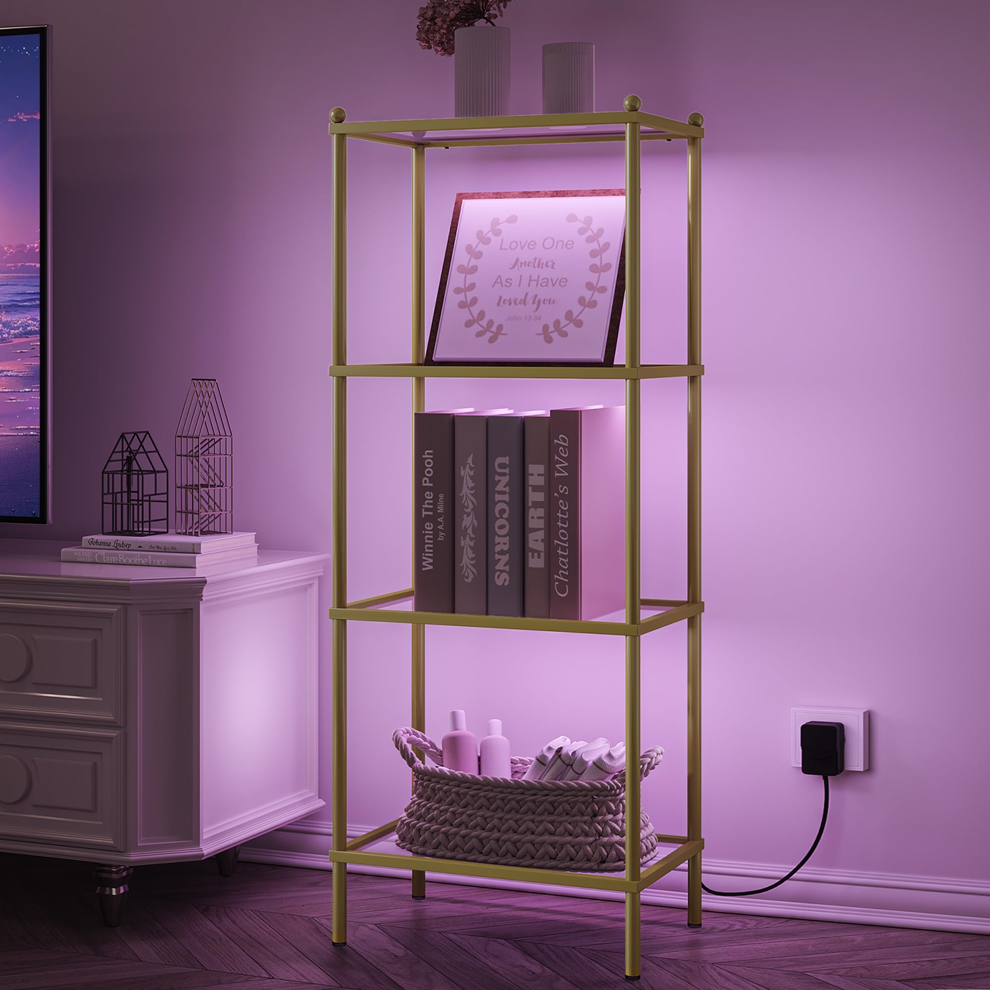 Hzuaneri Bookcase Bookshelf with LED Lighting, Tempered Glass Bookshelves, 8 Levels of Brightness and 20 Colors, Slim Shelving Unit for Bedroom Bathroom, Home Office, Steel Frame, 5 Tier Gold BC23599A