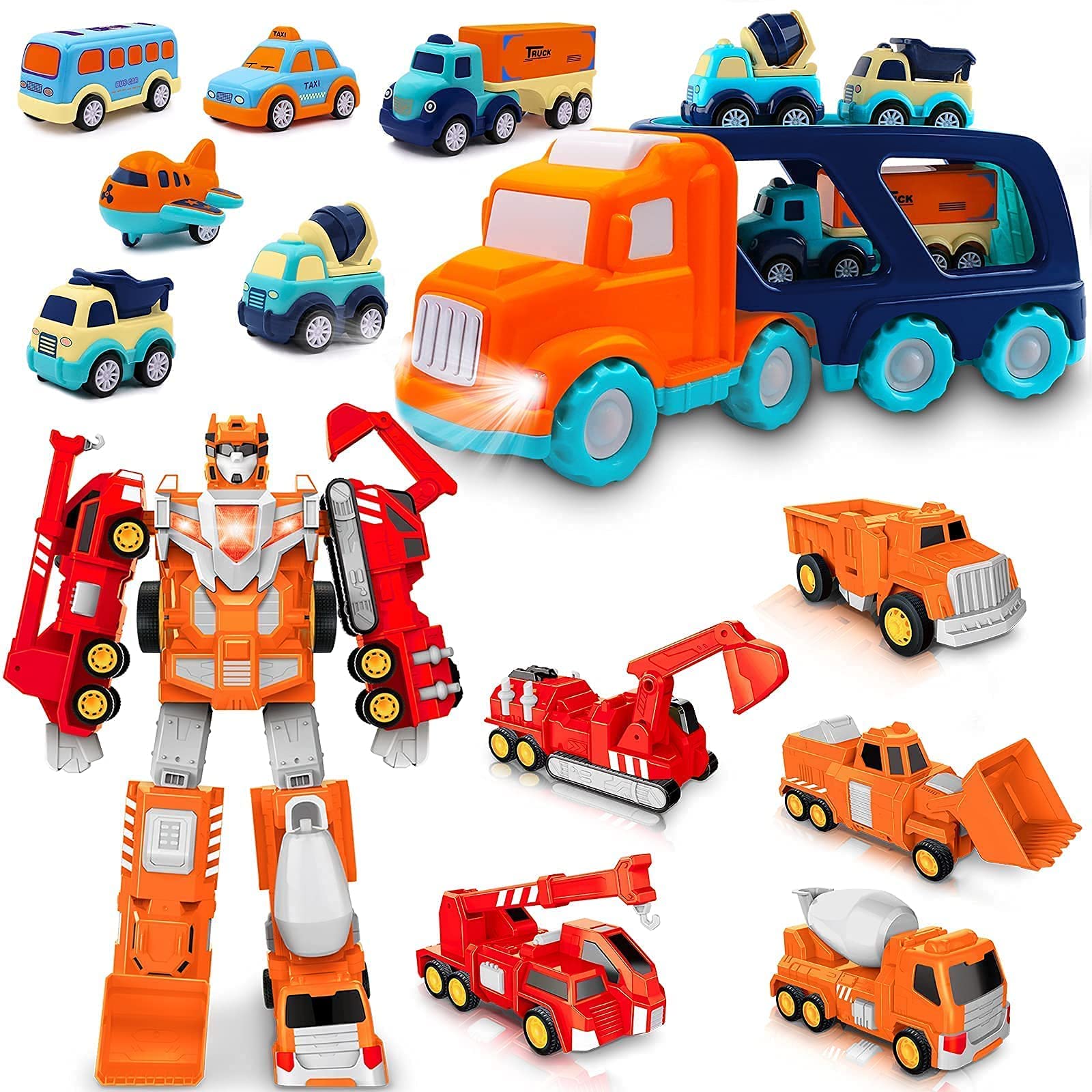 Nicmore Toddler Toys Transport Car for Boys Bundle with Construction Toys Truck Transform into Robot Toys for 3 4 5 6 Year Old Boys Girls Kids Toys Vehicles Christmas Birthday Gifts for Boys Girls