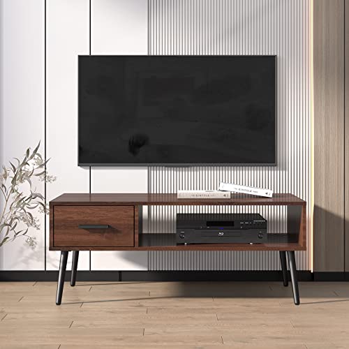 HAIOOU Coffee Table, Mid Century Modern Style Cocktail Table TV Stand with Drawer, Open Storage Shelf, Stable Floor-Anti-Scratching Pine Leg for Home, Office, Living Room - Walnut