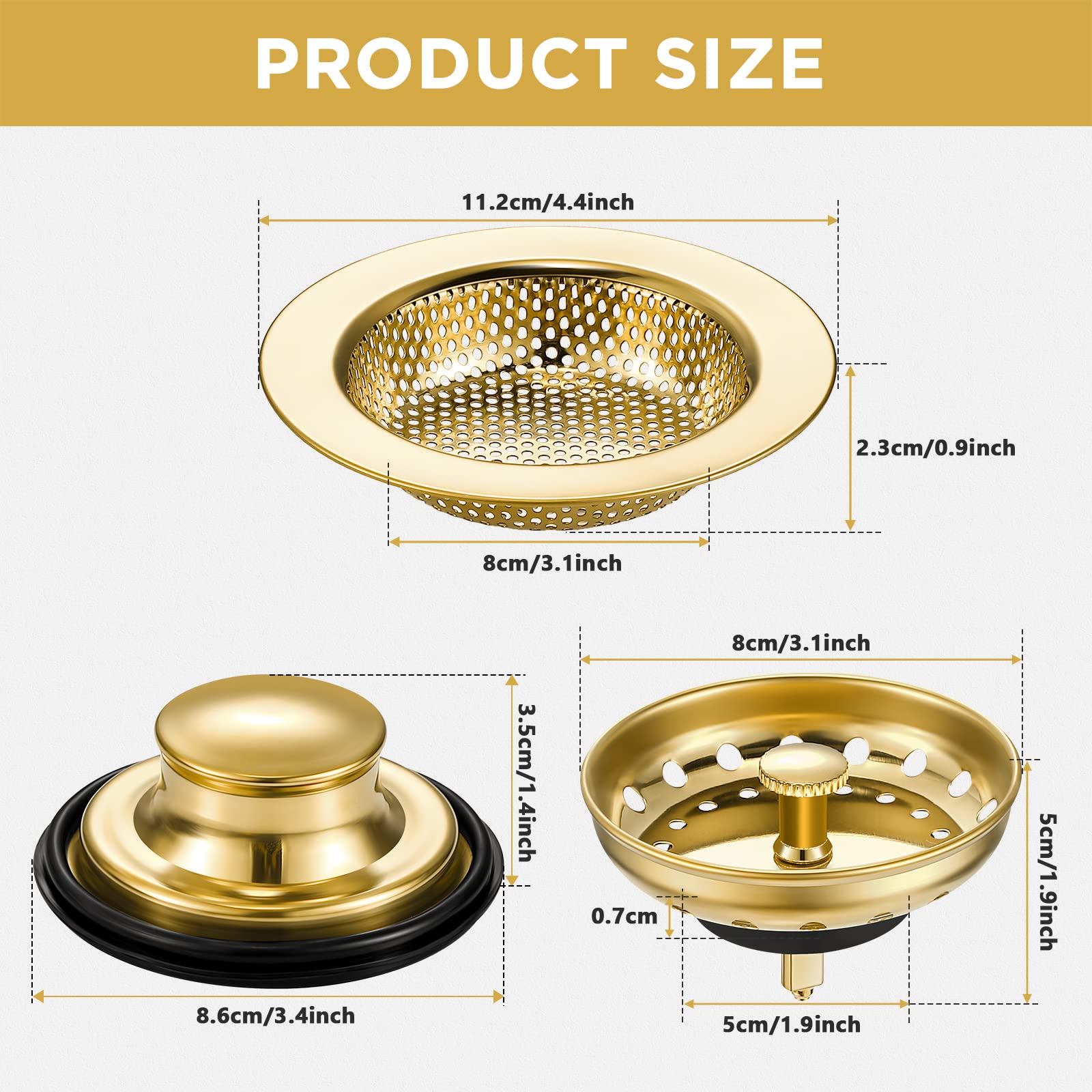 3 Pieces Kitchen Sink Stopper Strainer Garbage Disposal Plug, Stainless Steel Universal Anti-Clogging Filter, Sieve Basket Strainer, Wide Rim for Drain (Light Gold)