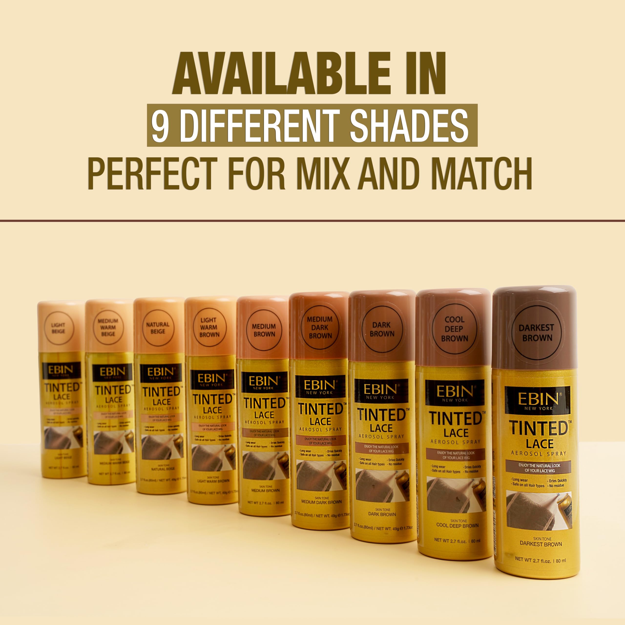 EBIN NEW YORK Tinted Lace Spray - Medium Dark Brown 2.7oz/ 80ml, Quick dry, Water Resistant, No Residue, High pigmentation, Even Spray, Matching Skin Tone, Natural Look, Tinted Spray for Wig