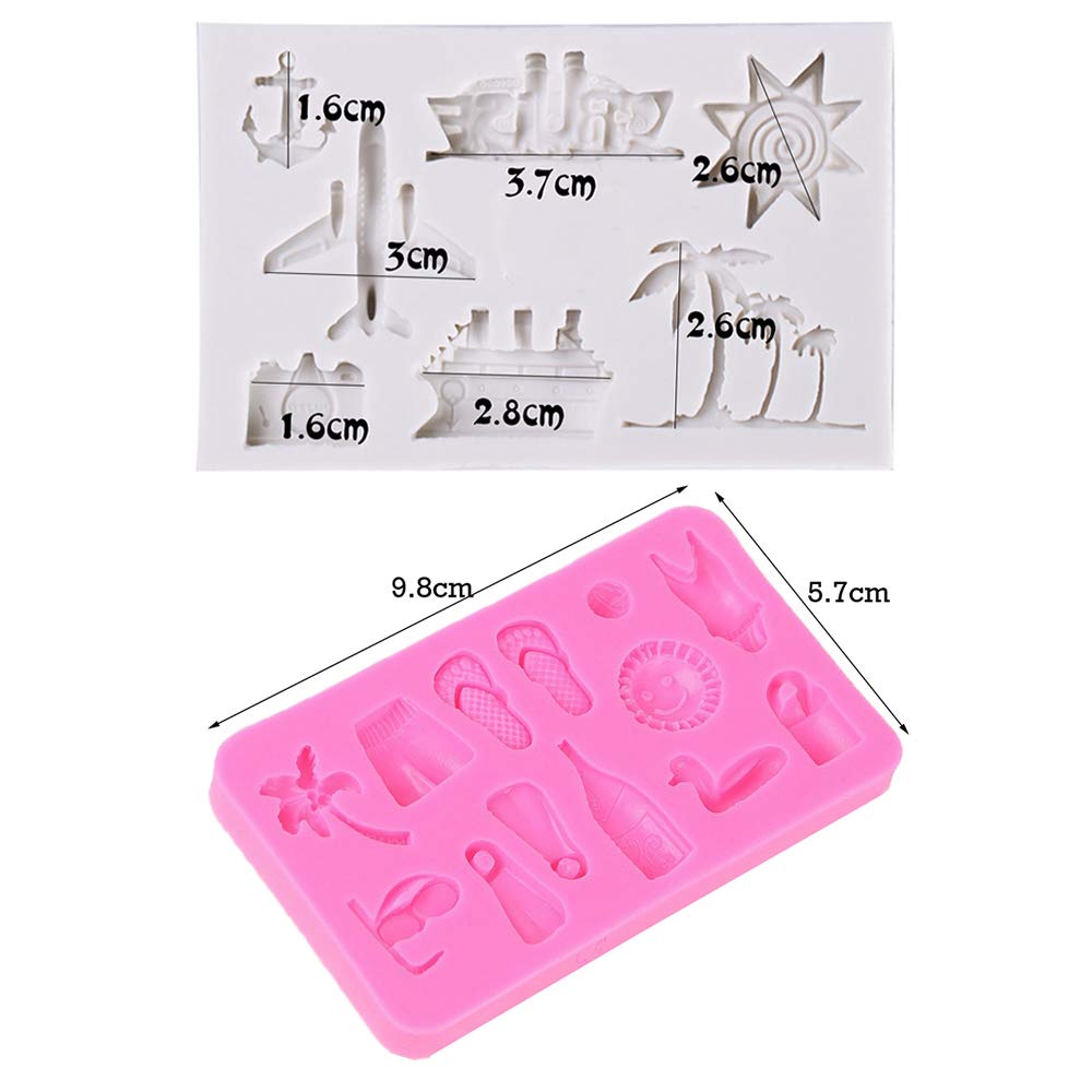 2Pcs/Set Summer Vocation Travel Fondant Molds, Seaside Holiday Silicone Mold for Cake Cupcake Decorating Polymer Clay Mould (Airplane Cruise Liner Camera Coconut Tree Sun Beach Slippers Swimsuit)