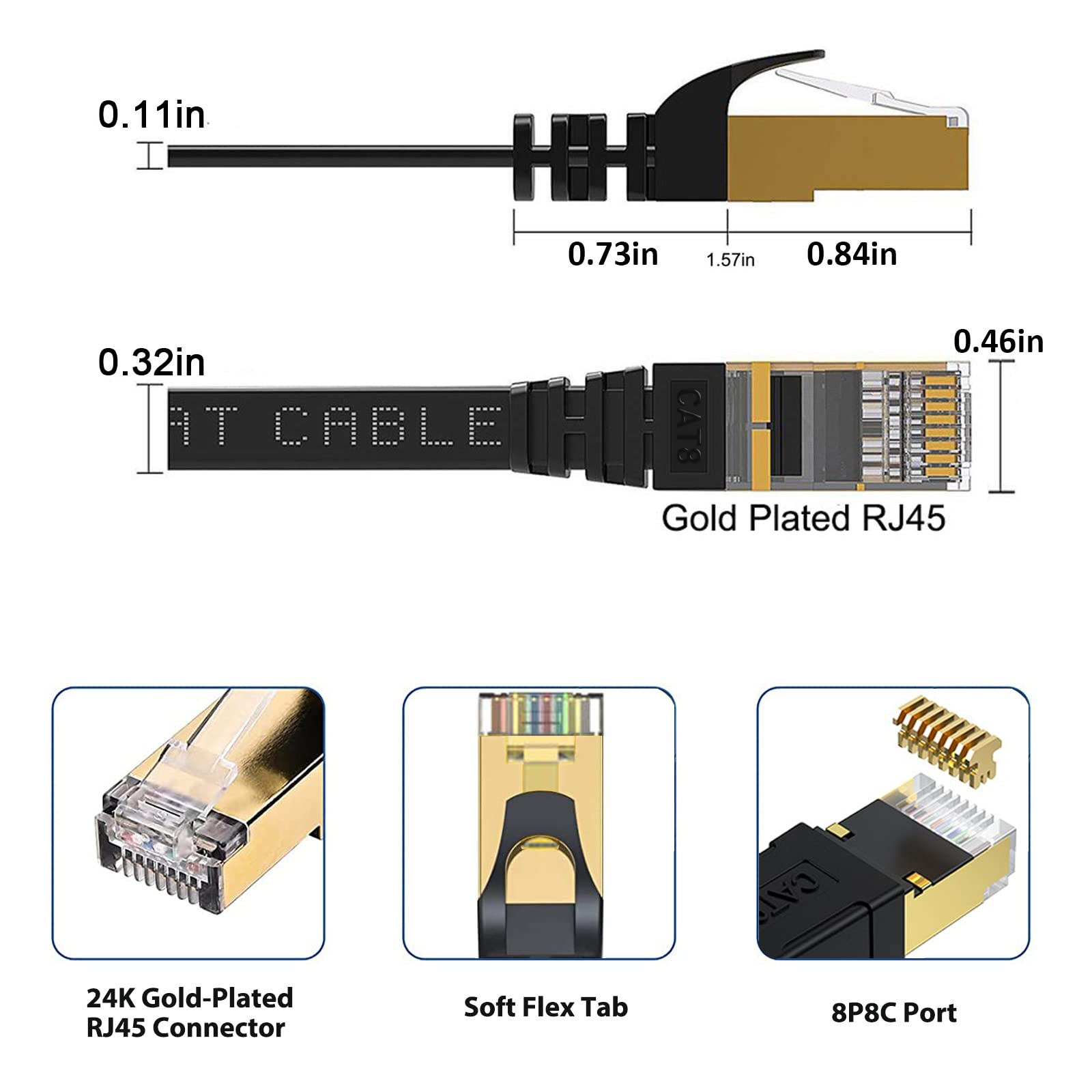 BUSOHE Cat 8 Ethernet Cable 30 FT, 40Gbps 2000MHz Cat8 High Speed Flat Internet Network Patch Cord, SFTP Shielded LAN Wire with Gold Plated RJ45 Connector, with Clips, Outdoor Indoor- 30FT Black