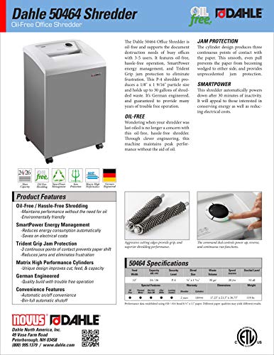 Dahle 50464 Oil-Free Paper Shredder w/Jam Protection, SmartPower, German Engineered, 24 Sheet Max, Security Level P-4, 3-5 Users