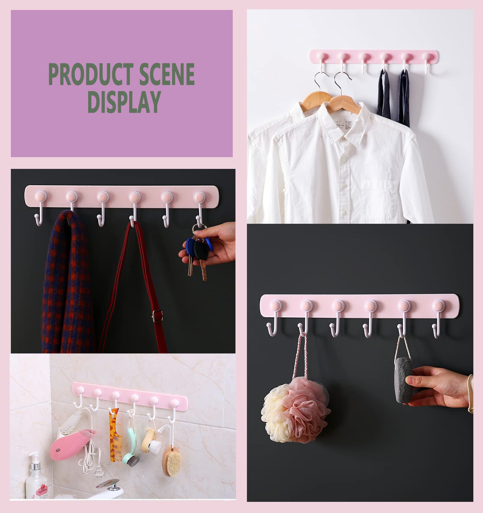 Adhesive Wall Hooks with 6 Rotating Hooks, Pink Rack Wall Hooks for Hats and Coats, Perfect for Hanging Kitchen Utensils and Towels in Kitchen and Kids Bedroom(1PACK)