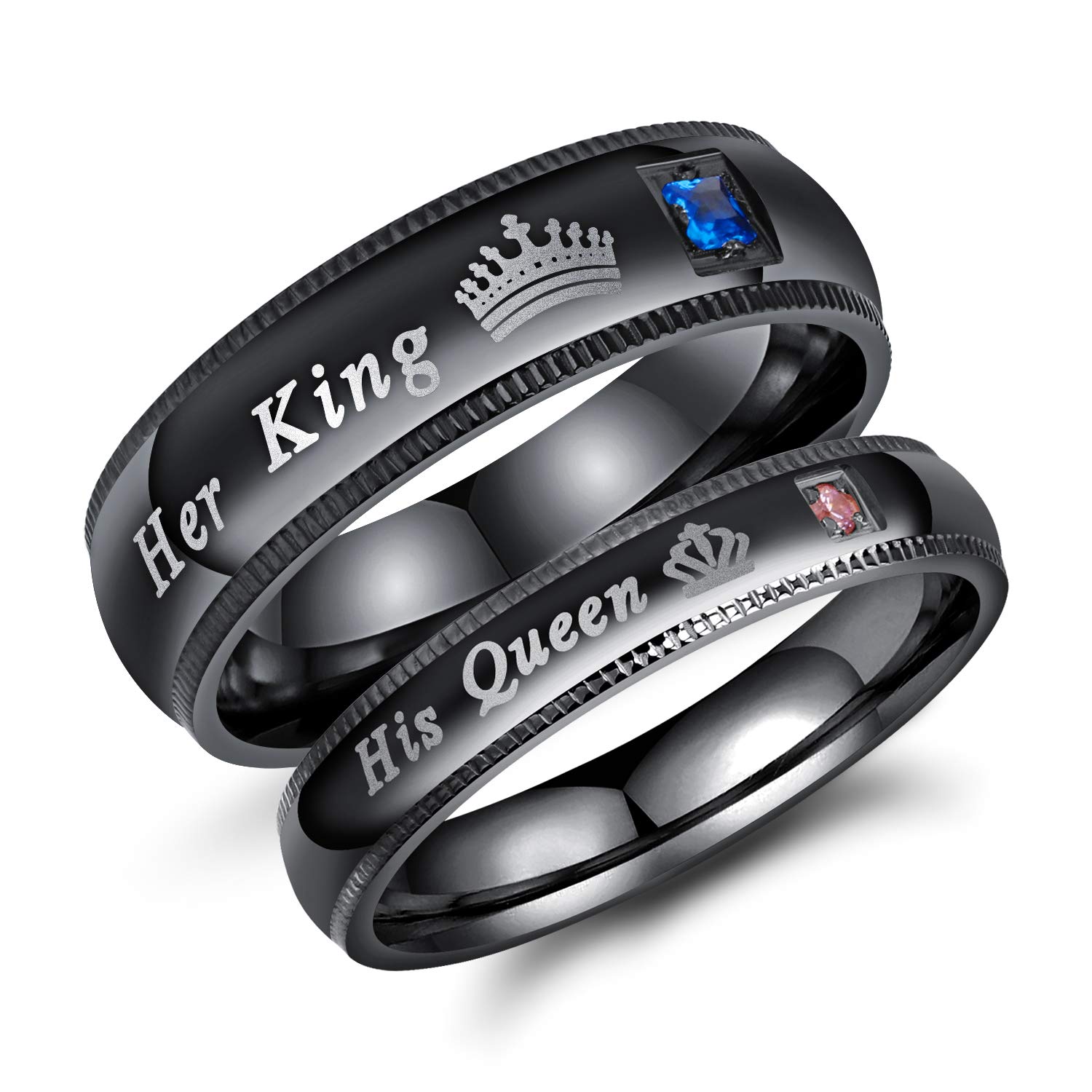 2pcs His Queen Her King Wedding Engagement Band Stainless Steel Black Couple Rings For Him and Her Matching Set