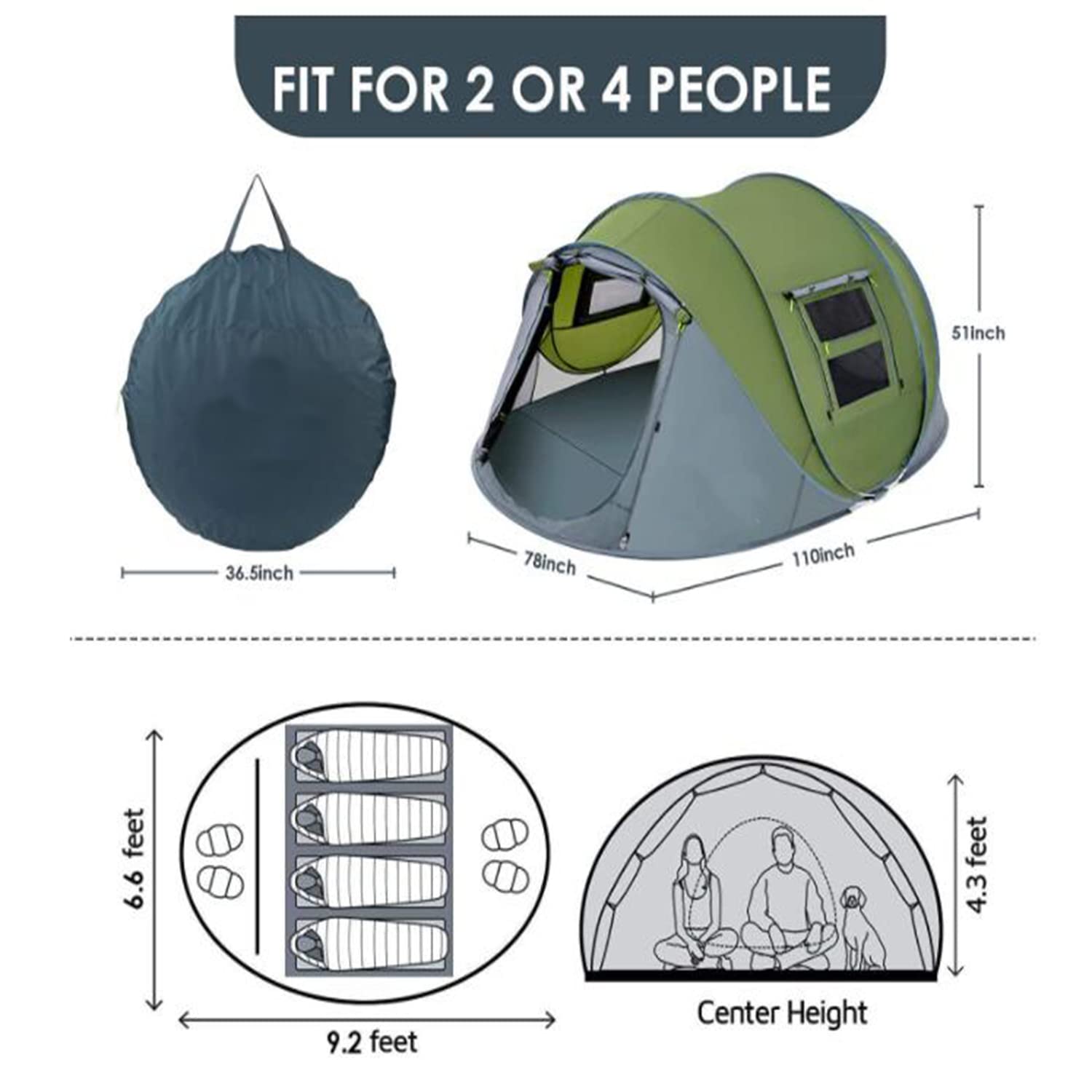 4 Person Easy Pop Up Tent Waterproof Automatic Setup 2 Doors-Instant Family Tents for Camping Hiking & Traveling