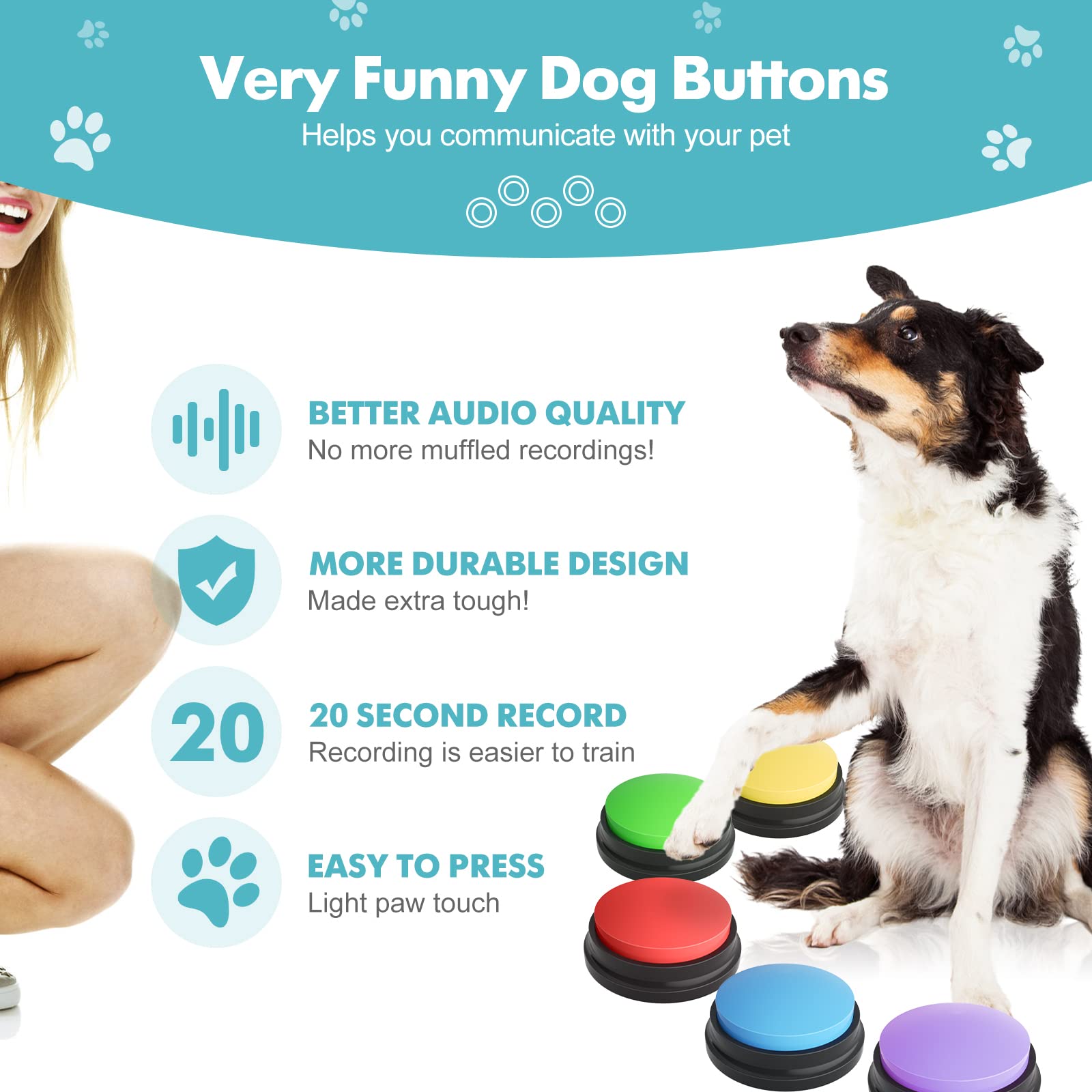 5 Pack-Dog Buttons for Communication Starter Pack,πΏπ€π π½πͺπ©π©π€π£π¨ πππ‘π ,Training Pet to Speaking Buttons,Speech Buttons with Words Voice Record Buttons,Push Buttons to Talk-Dog Gifts&Stuff