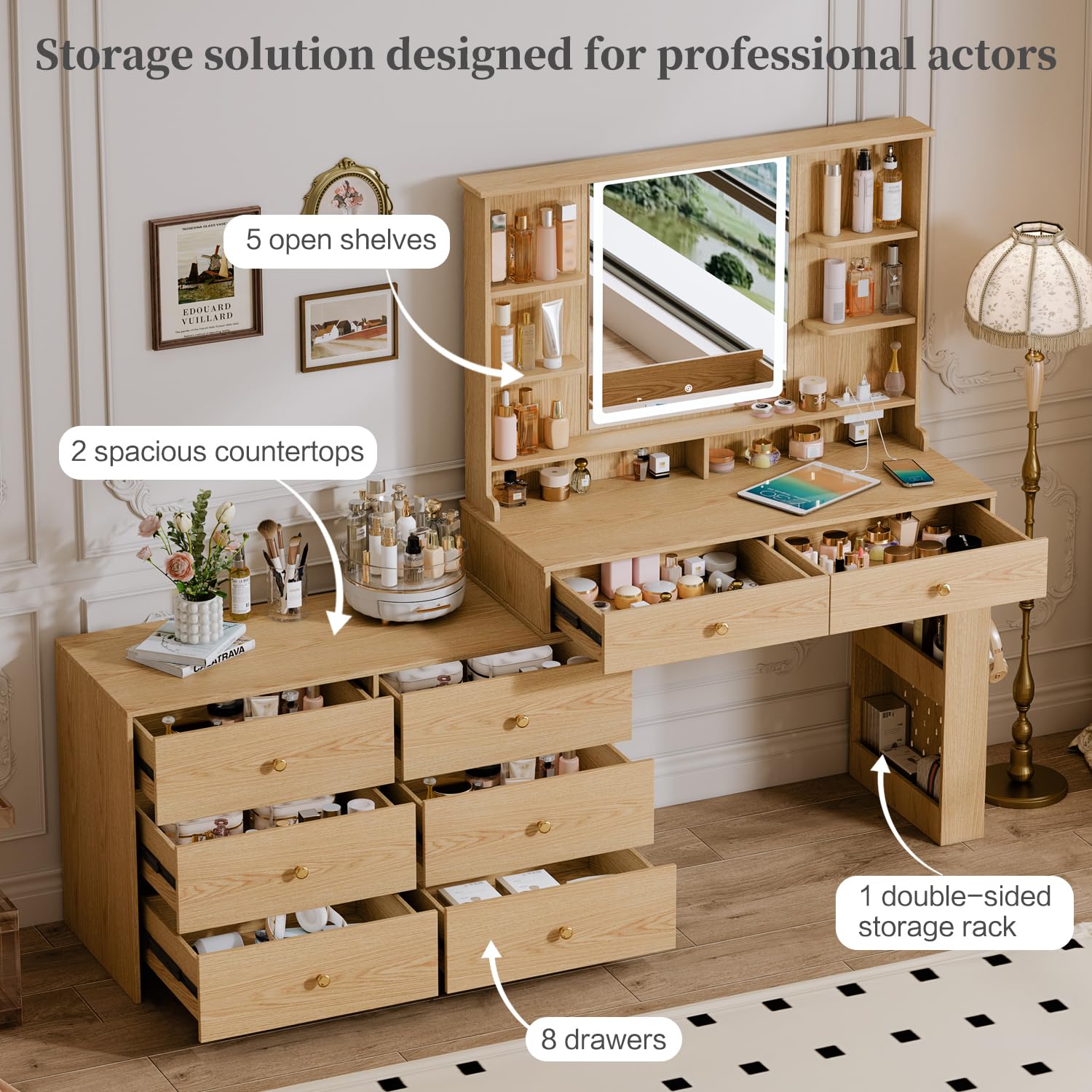 74.8''Makeup Vanity Desk with large mirror and lights&Charging Station,Modern Corner Vanity Table with 8 Storage Drawers and Shelves,Makeup Table for Bedroom,Dressing Table with nightstand,Beige