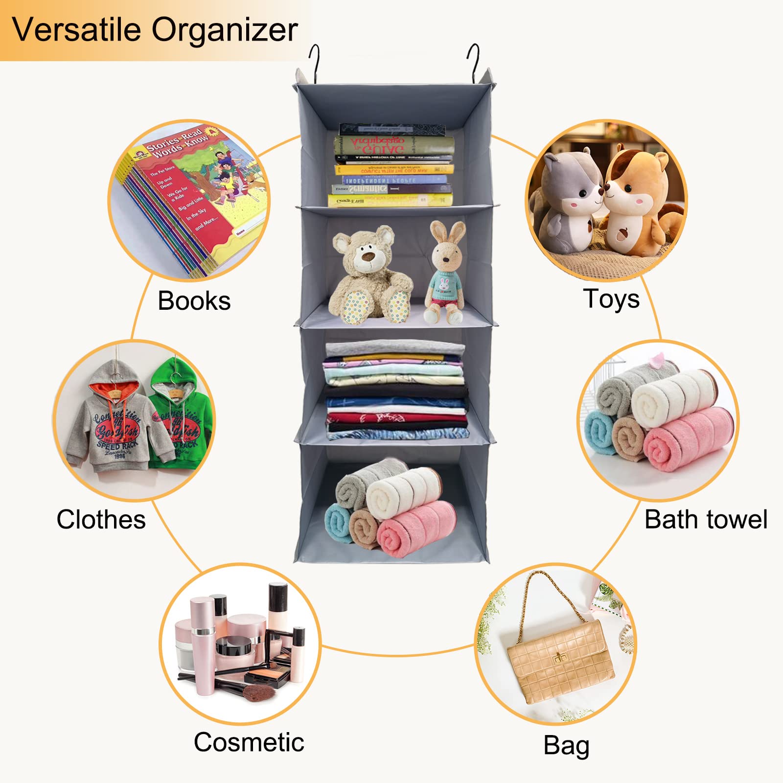 Taoomeho Hanging Closet Organizers and Storage Set,4-Shelf Foldable Hanging Storage Shelves and Dual-Sided Storage Bags,Great for Clothes Bag Bra Underwear Underpants Socks Organization Storage,Gray