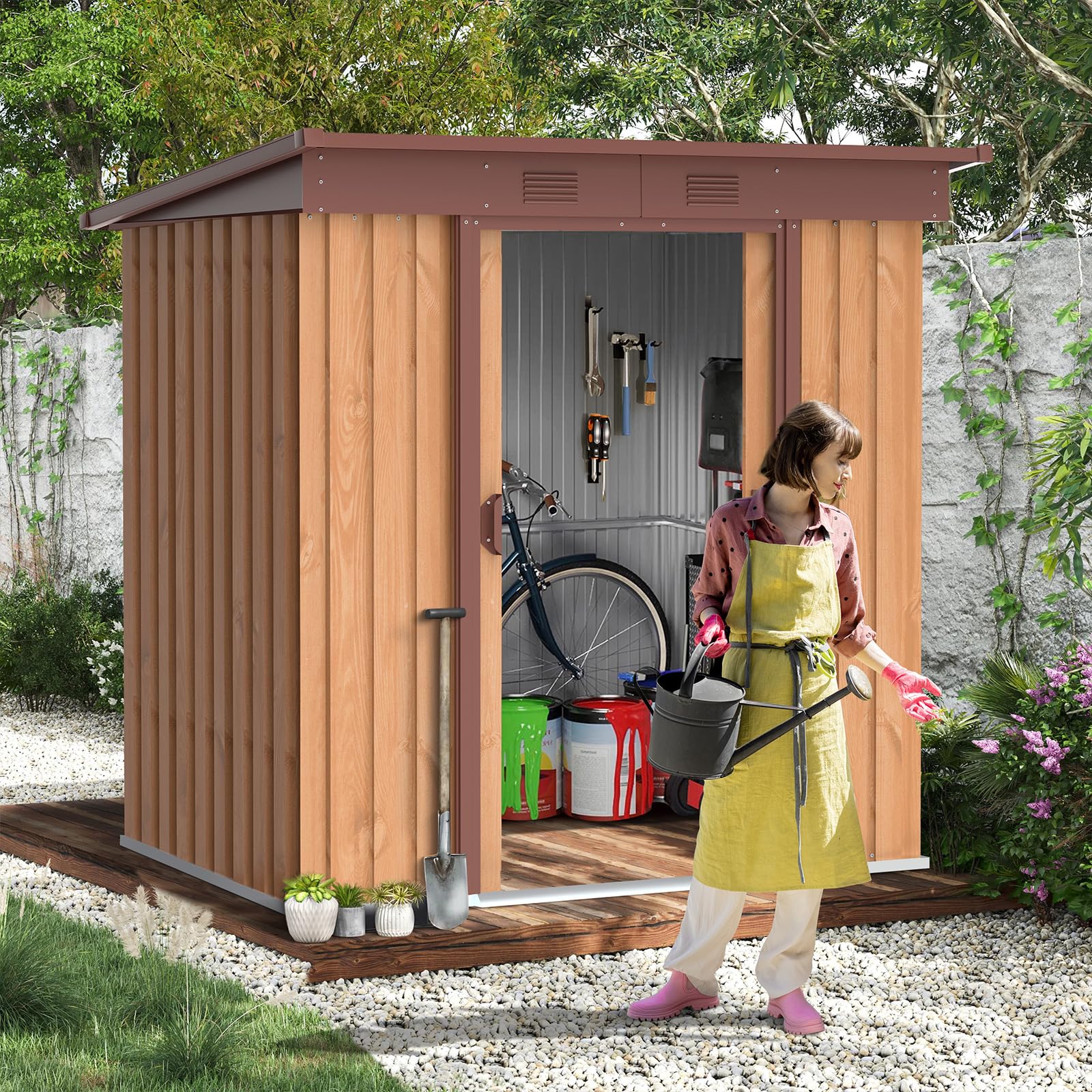 CDCASA 5.3' x 3.2' Storage Shed, Metal Outdoor Storage Sheds with Double Sliding Doors,Large Waterproof Tool Shed for Garden Patio, Backyard, Brown