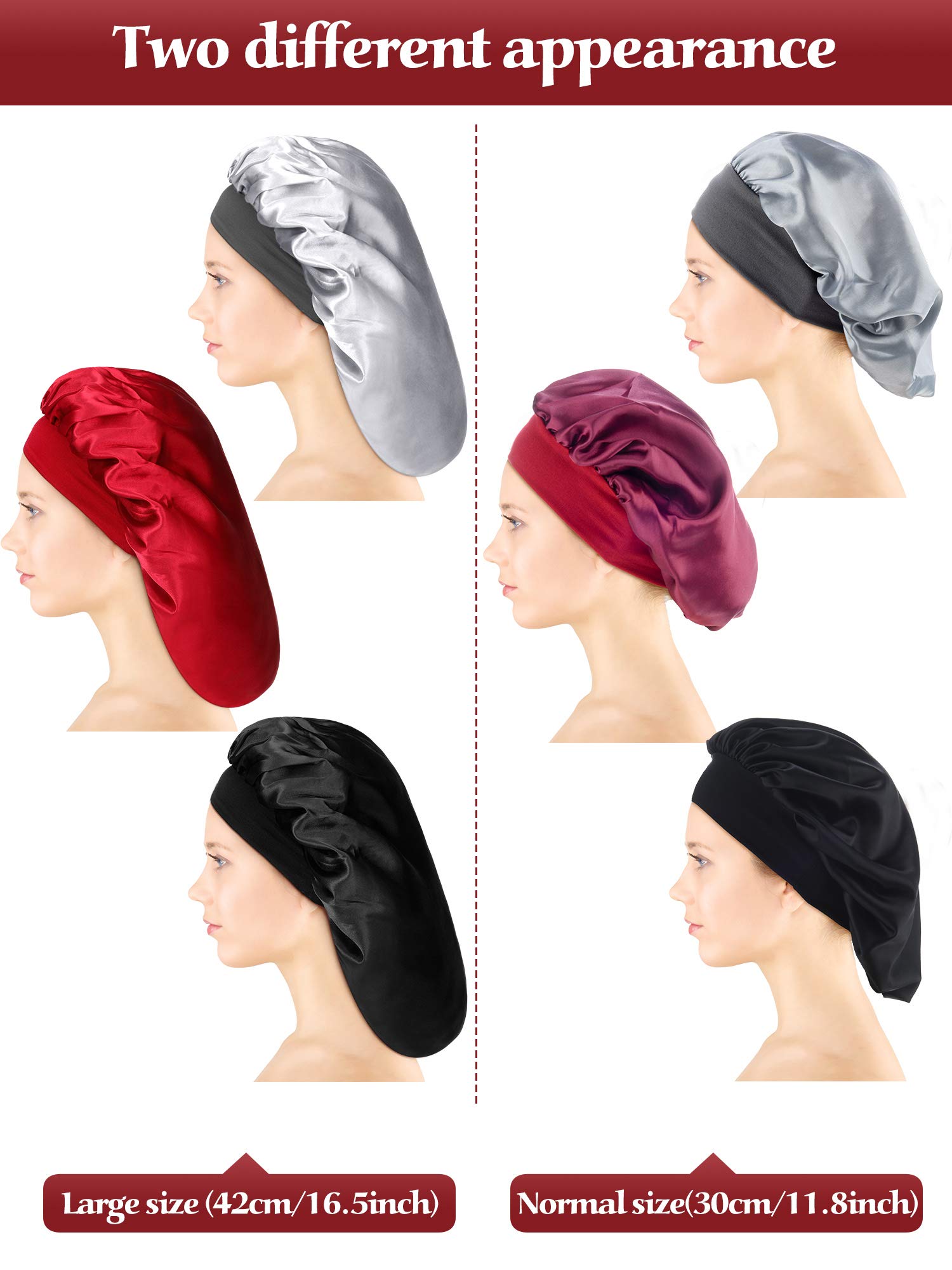 3 Pieces Satin Sleep Cap Elastic Wide Band Hat Night Sleeping Head Cover for Good Sleeping (Silver, Black, Wine Red, Medium)