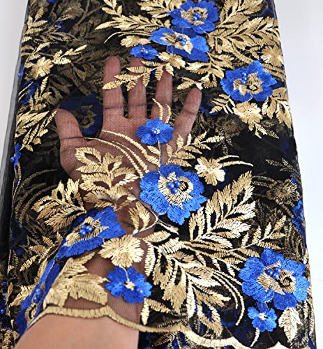African Fabric Net Fabrics Embroidery Beaded Nigerian Embroidered Lace Fabric for Party Dress (Blue) 5 Yards 2205-6