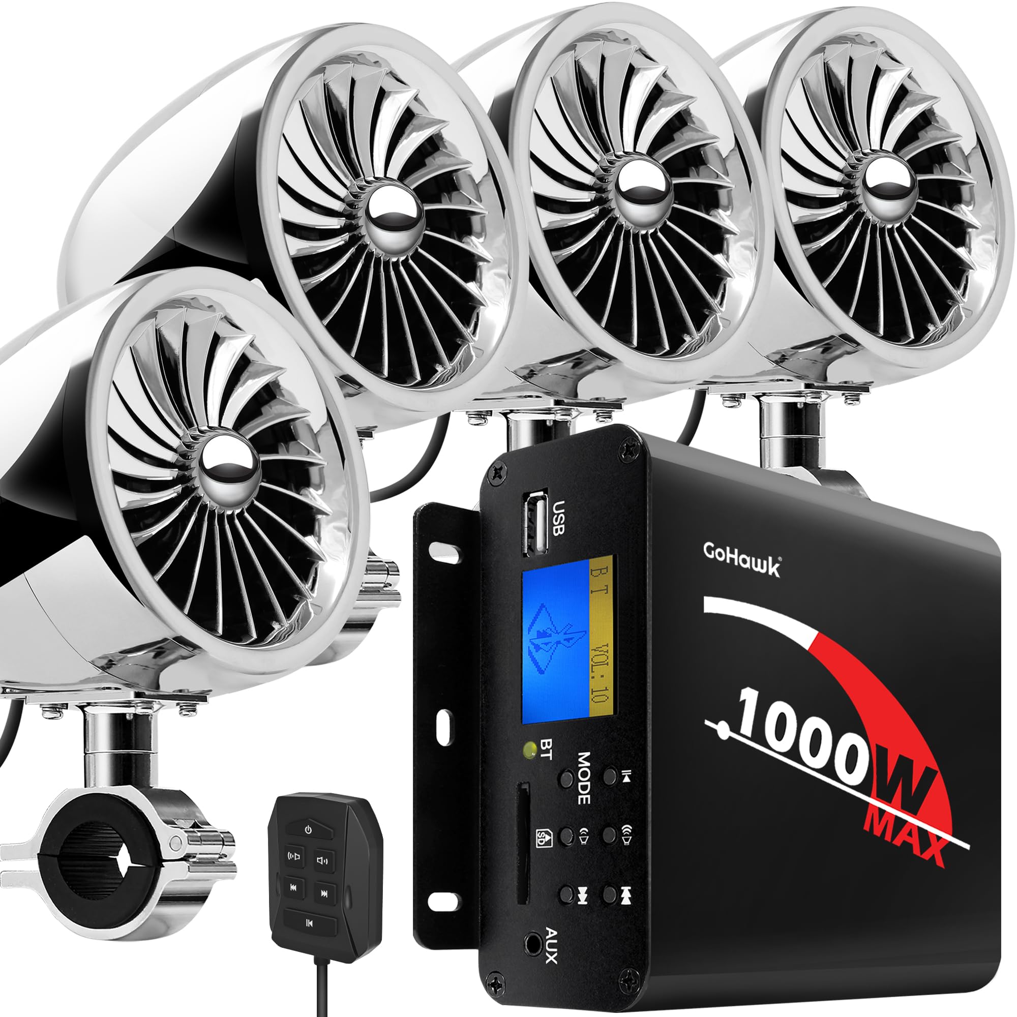 GoHawk TJ4-Q 1000W 4 Channel Amplifier 4" Full Range Waterproof Bluetooth Motorcycle Stereo Speakers Audio System AUX USB SD Radio for 1-1.5" Handlebar Harley Touring Cruiser ATV