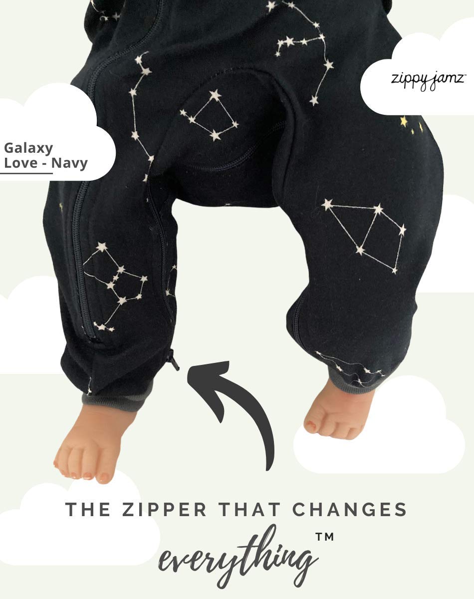zippyjamz Organic Baby Footless Sleeper Pajamas with Inseam Zipper for Quicker and Easier Diaper Changes (Galaxy Love - Navy, 18-24 Months)
