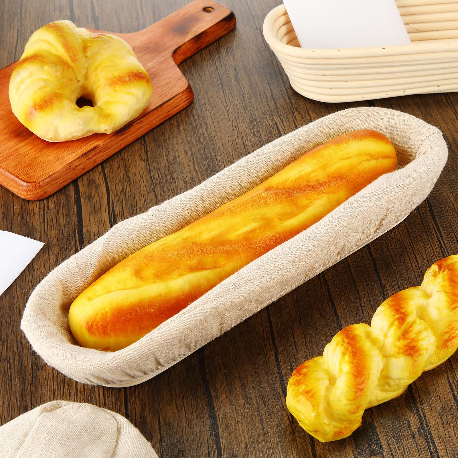 4 Pieces 13.8 Inch Banneton Bread Proofing Basket Oval Long Bread Proofing Basket Banneton Basket Dough Proofing Basket with Liners and Scatters for Home Sourdough Bread Baking