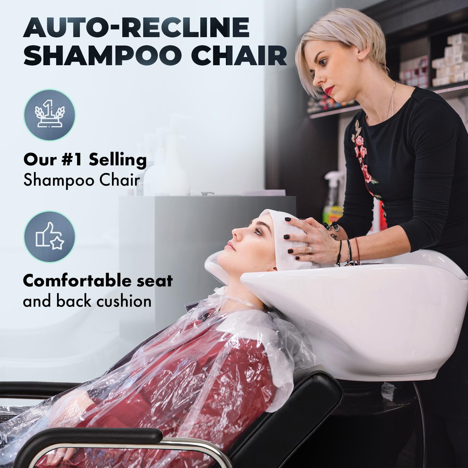 Buy-Rite Kate Auto Reclining Shampoo Chair, Portable Salon Chair with Auto-Recline Seat Back, Heavy Duty Chrome Arms and Extra Thick Seat, Black, SY-92272