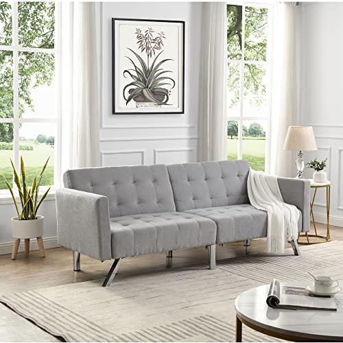 75"Convertible Folding Futon Sofa Bed,Split Back Design,Modern Fabric Sleeper Couch Bed with Armrest and Chrome Legs,Upholstered Recliner Loveseat for Living Room Apartment Dorms Office (Light Grey)