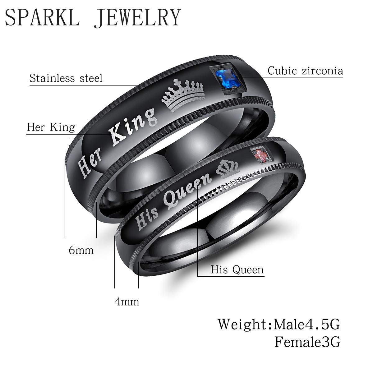 2pcs Matching Set Couple Rings Stainless Steel Promise Rings with His Queen and Her King Wedding Engagement Band