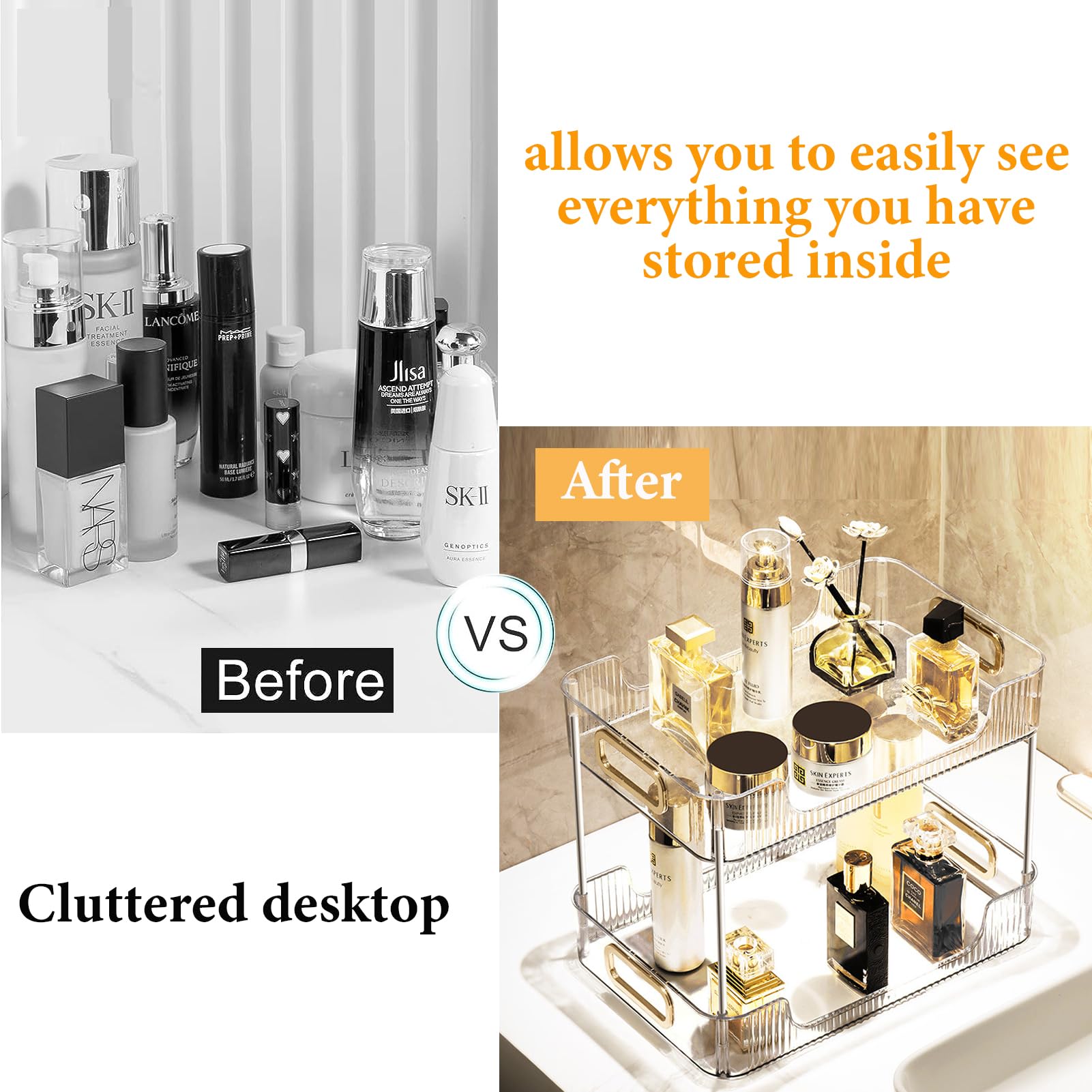 AOTENG STAR Clear Makeup Organizer Bathroom Vanity Skin Care Organize, Cosmetic Display Case, Makeup Holder Ideal for Bedroom Bathroom Storage Countertop (11.8" L x 8.27" W x 5.9" H(2-Tier))