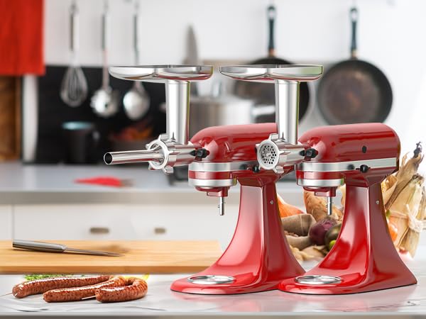 Metal Food Grinder Attachments for KitchenAid Stand Mixers, Meat Grinder, Sausage Stuffer, Meat Grinder for Kitchenaid Mixer, Includes 4 Grinding Plates, 3 Sausage Stuffer Tubes, 3 Grinding Blades