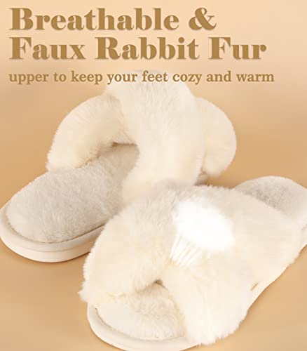Ankis Women White Fuzzy Fluffy Slippers Soft Cozy Plush Memory Foam Open Toe Slippers for Bedroom, Comfy Cross Band Slippers for Womens House Indoor Size 5 6
