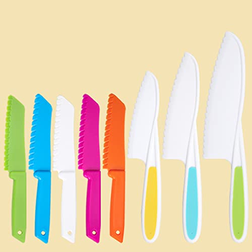 9 Pcs Kids Knife Set, Godkider Kid Safe Knives for Real Cooking, Montessori Kitchen Tools for Toddlers include Wooden Toddler Kitchen Knife & Plastic Serrated Edges Children Knives, Fish