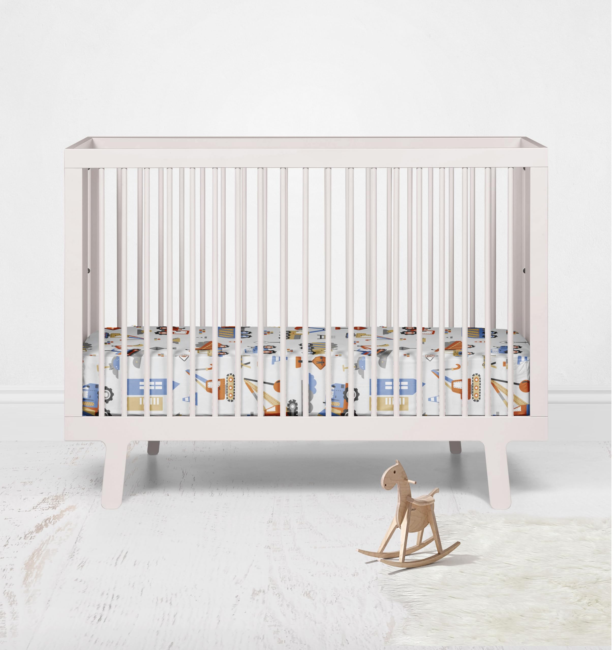 Crib Fitted Sheet - Construction Multicolor - Silky Soft Breathable 100% Cotton Percale Baby Sheets - Fits Standard 28 x 52 X 5 inches Crib & Toddler Mattresses