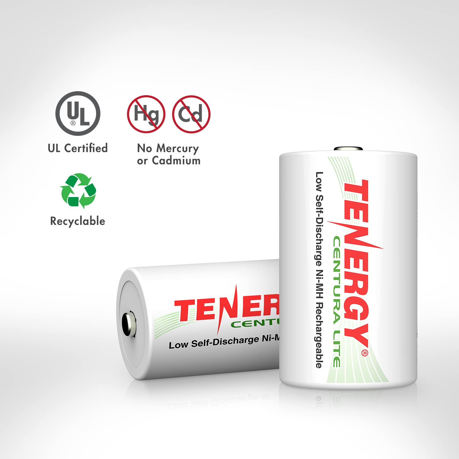 Tenergy Centura Lite 1.2V NiMH Rechargeable D Battery, 3000mAh Low Self Discharge D Cell Batteries, Pre-Charged D Size Battery, UL Certified, 4 Pack