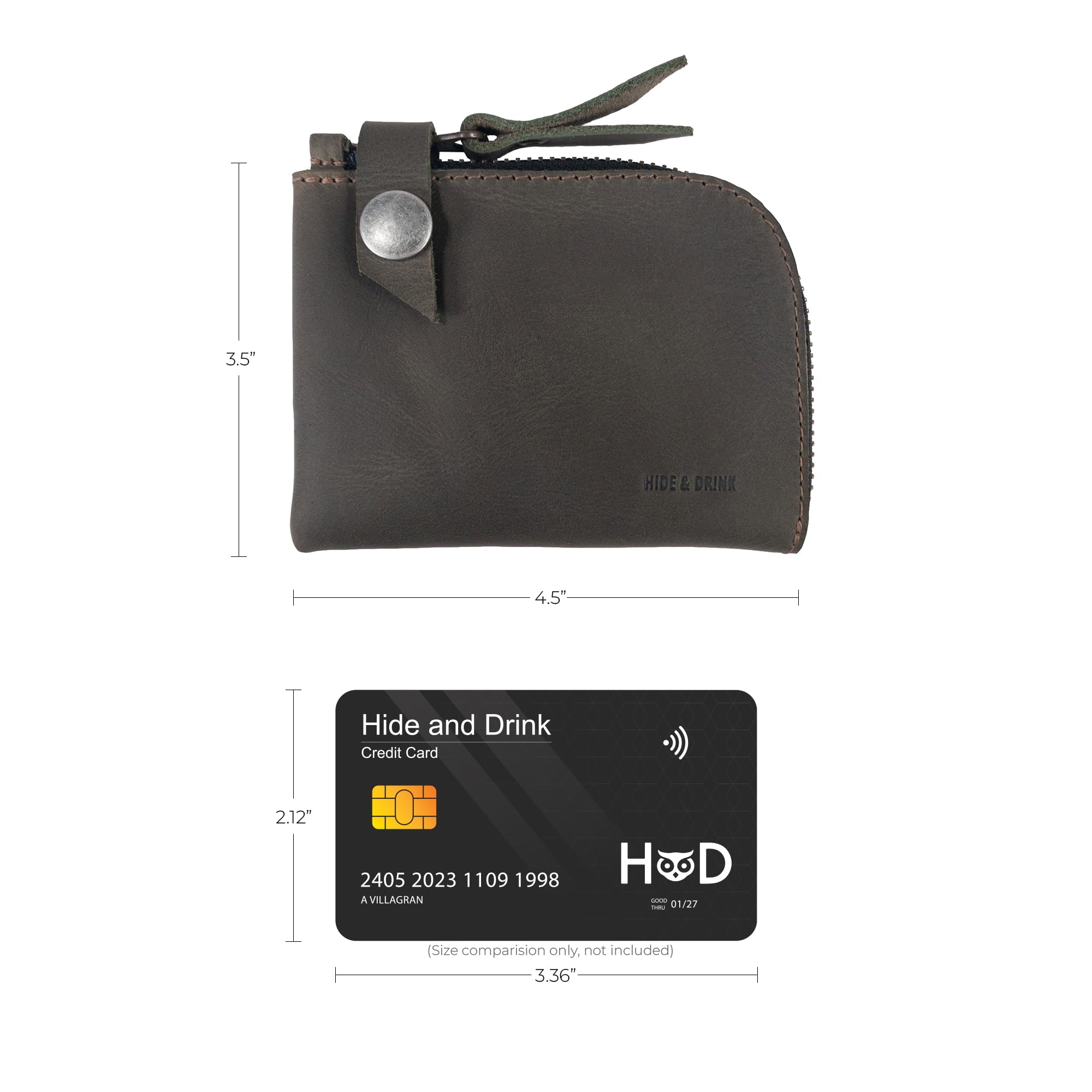 Hide & Drink, Zippered Wallet, Holds Up to 6 Cards Plus Folded Bills, Pouch Organizer, Cash Holder, Travel Essentials, Mini, Pocket-Size, Full Grain Leather, Handmade, Charcoal Black