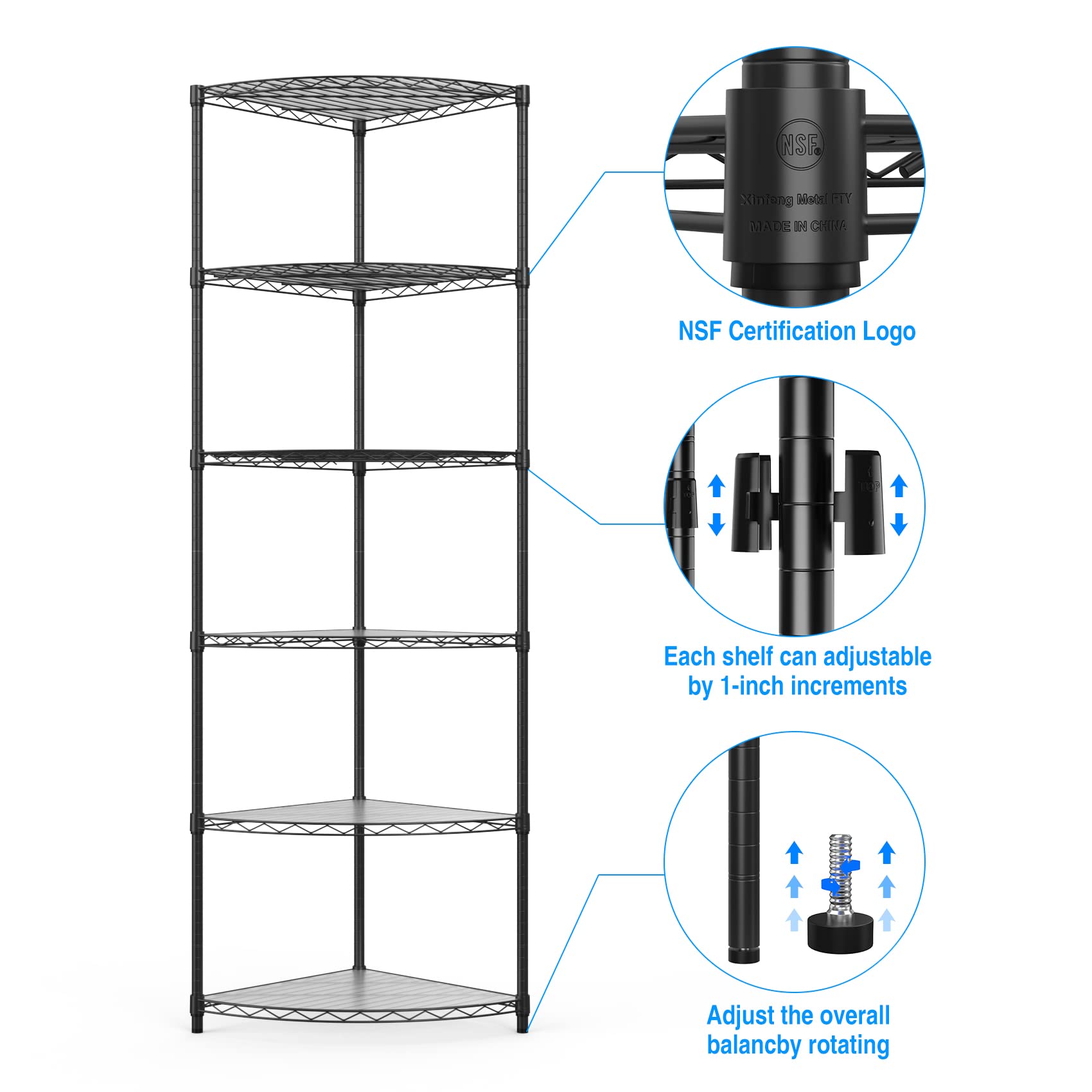 Adjustable 6-Tier Corner Wire Shelving Unit with Waterproof Liners, Heavy Duty 420 lbs Total Capacity - Ideal for Kitchen, Garage, and Office Storage - Rust Resistant and NSF Certified - Black