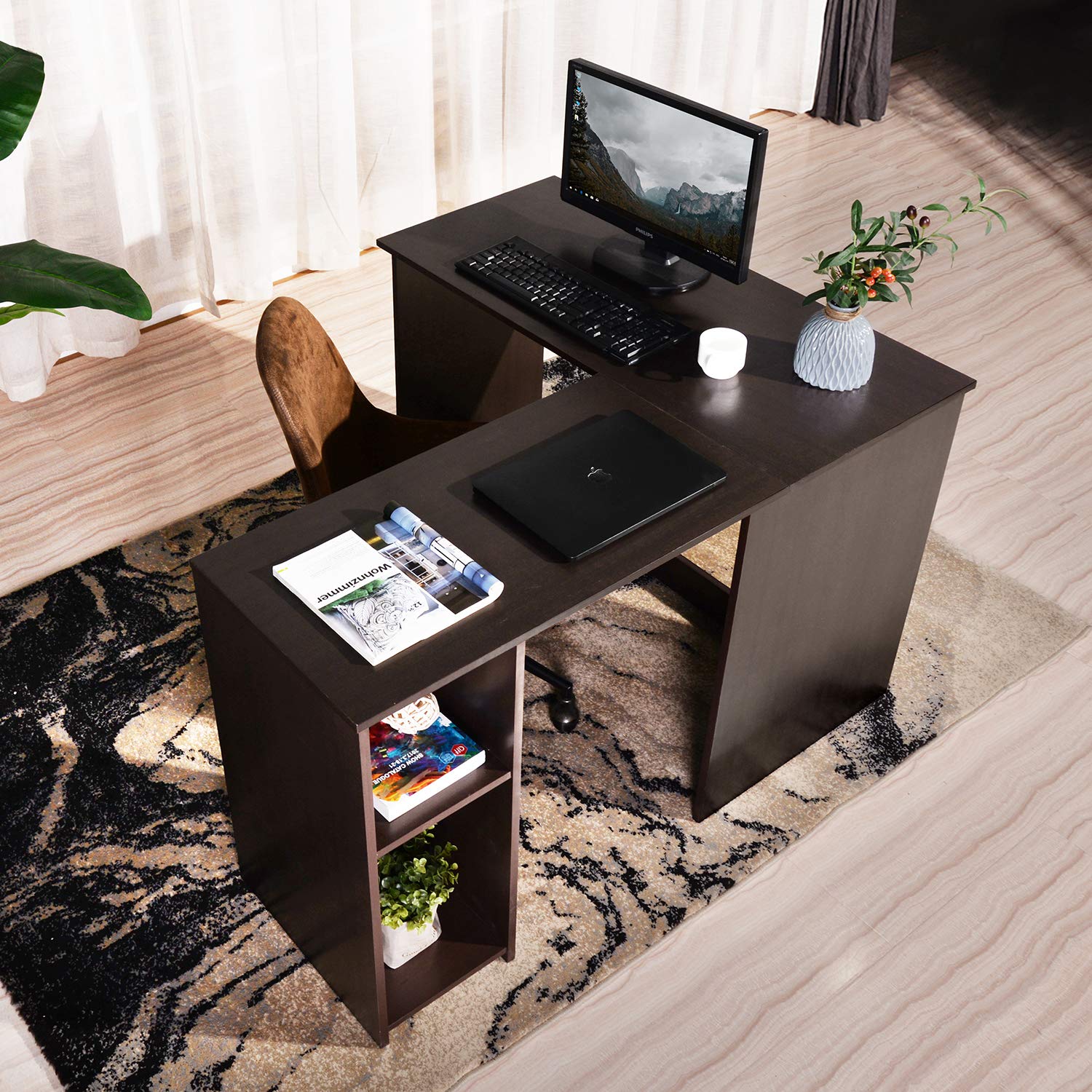 wOod-it L Shaped Work Computer Home Office Shelves Storage, Student Desks for Bedroom, Gaming Table for Corner Small Space, Dark Brown