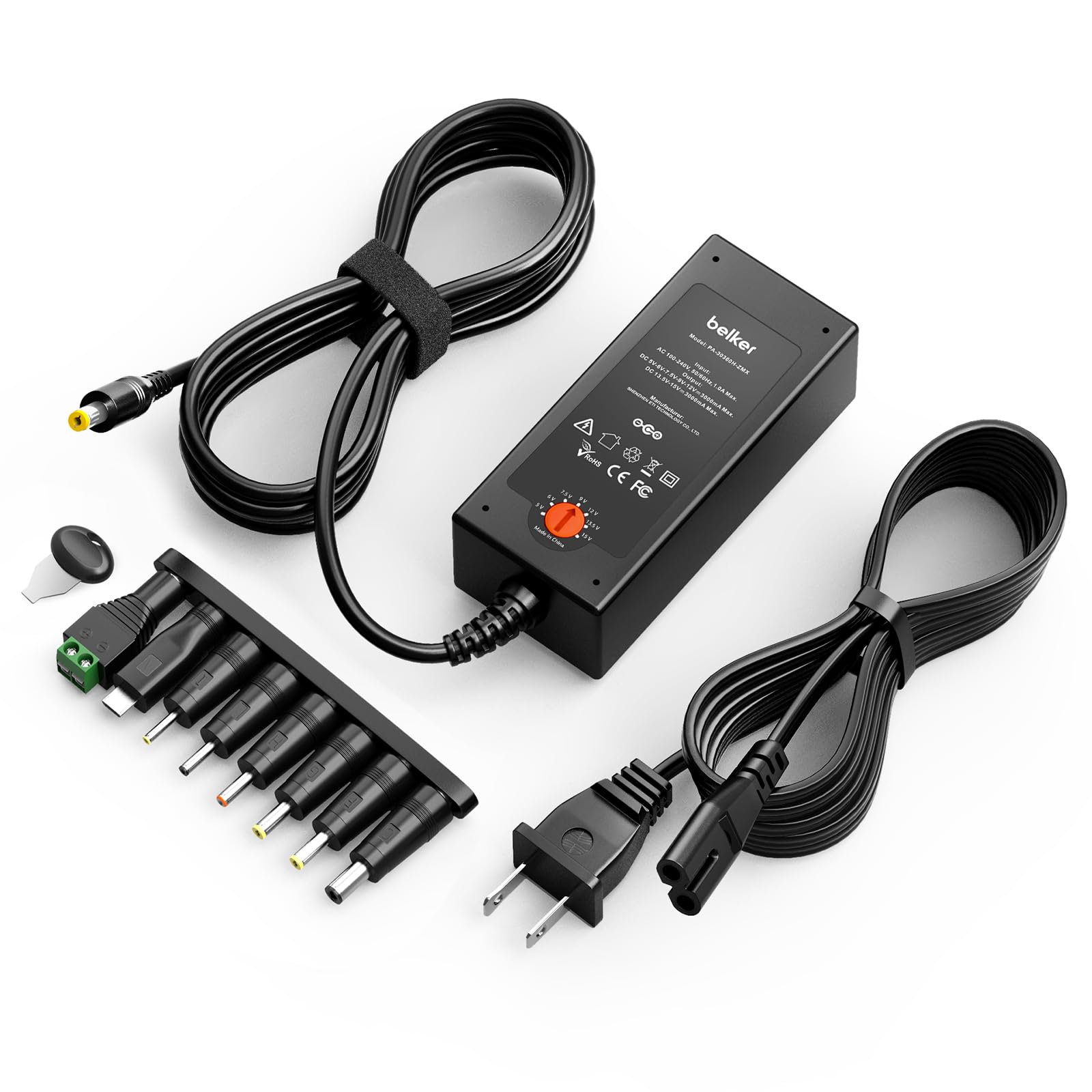 Belker 45W Universal 5V 6V 7.5V 9V 12V 13.5V 15V AC DC Adapter Power Supply for Household Eletronics LCD LED Strip Light Router HUB Speaker Smart Phone Tablet - Support Amps 0.5A 1A 2A 3A 3000mA Max.