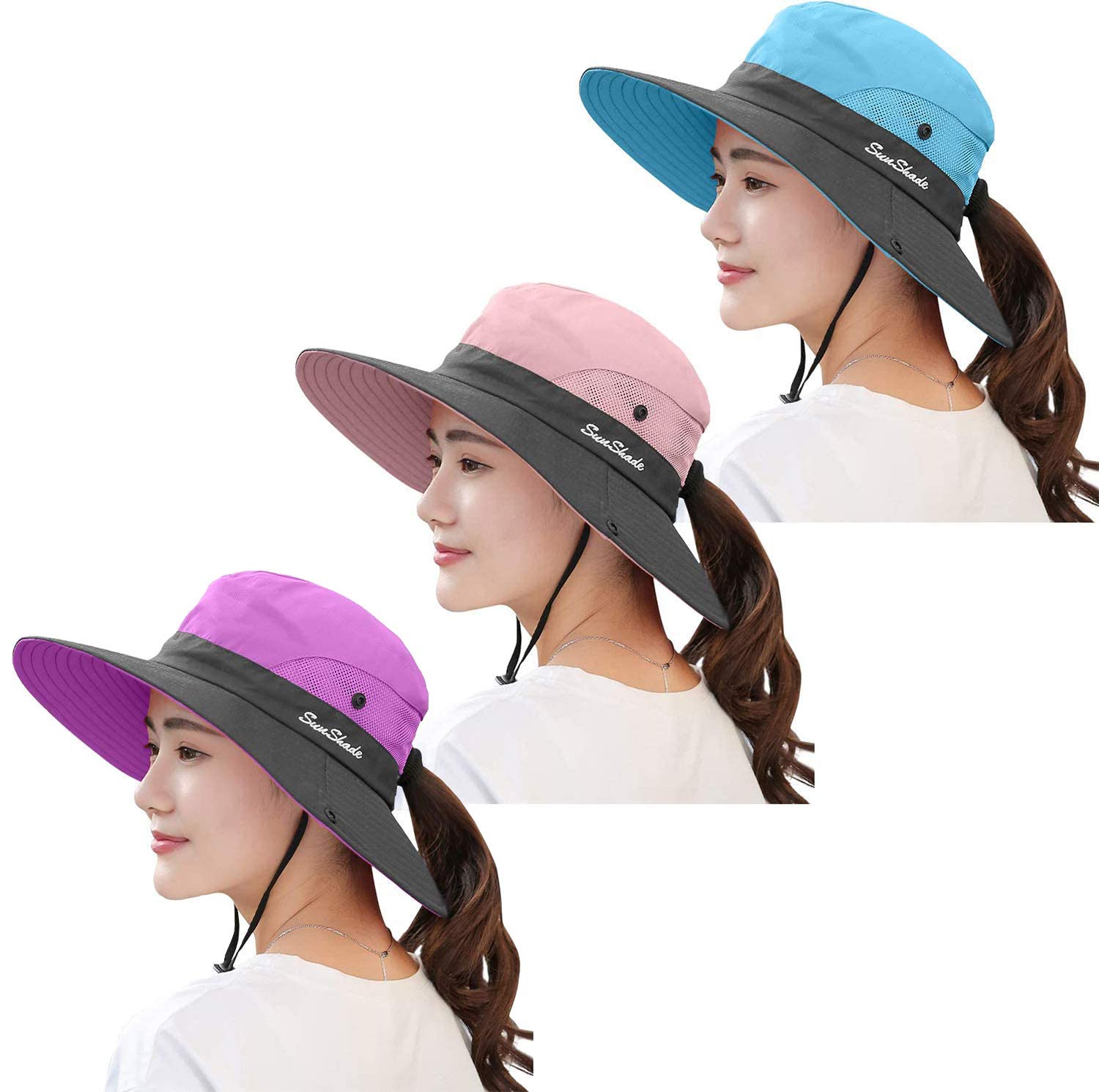 3 Pieces Women's Outdoor Ponytail Safari Sun Hat Foldable Mesh Wide Brim Beach Fishing Hat (red & Pink & Sky Blue)