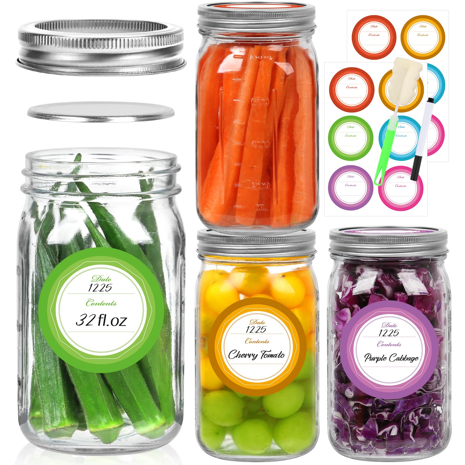 Alotpower 32 oz Mason Jars Wide Mouth 4Pack,Empty 32oz Mason Jars with Lids&Bands/Stickers/Marker/Bottle Brush(32fl.oz, Set of 4)