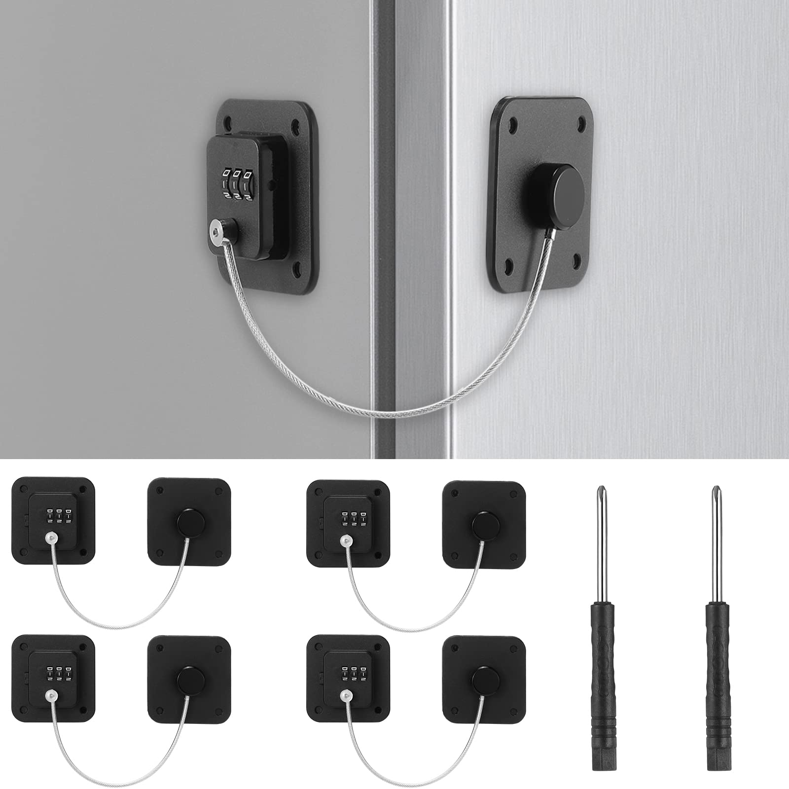 4 Pack Password Fridge Lock Child Safety Cabinet Locks with 2 Pcs Small Screwdriver Adhesive Pantry Lock for Kids Child Adults Drawers Freezer Windows Closets Cabinets Doors