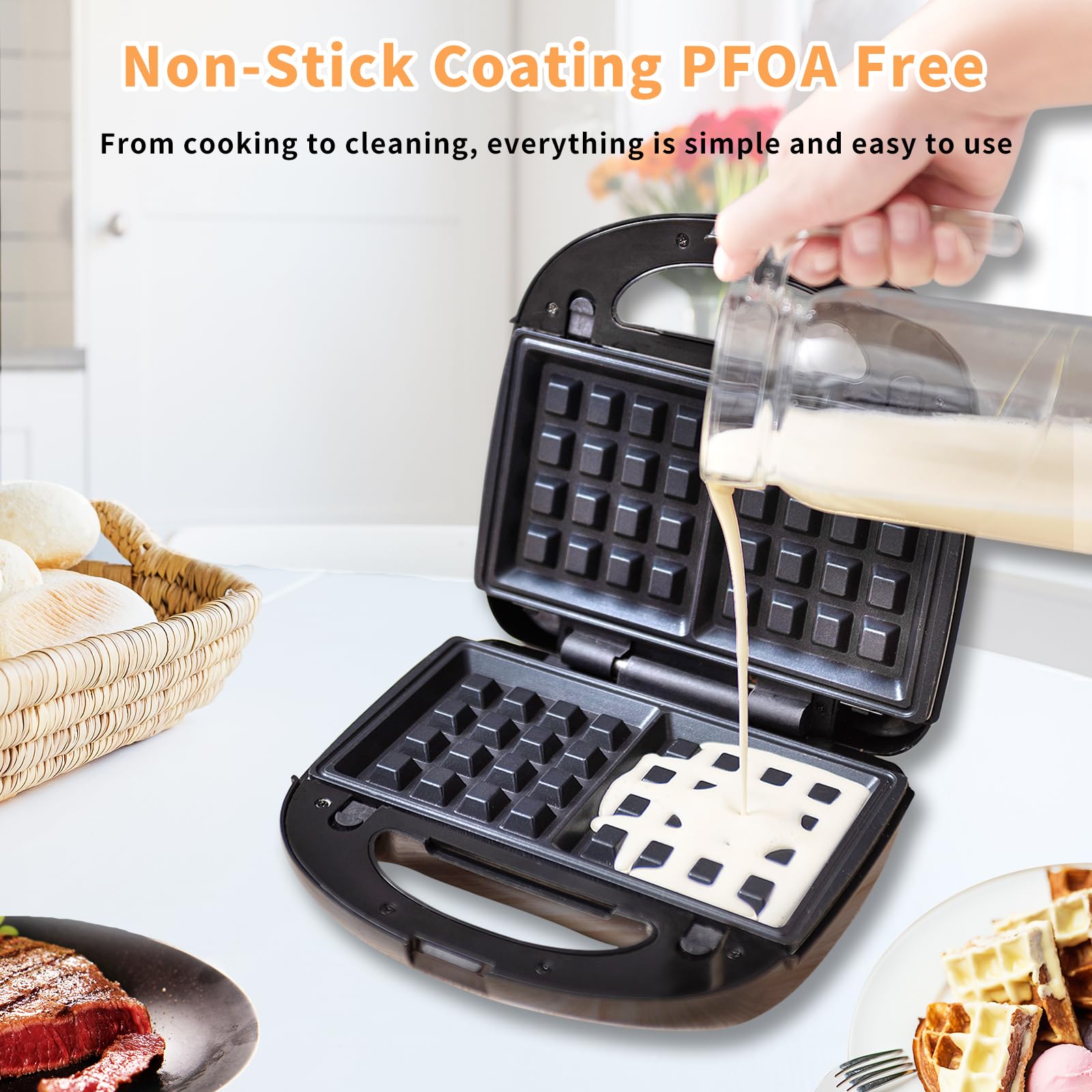 AAYUJUP Waffle Iron Sandwich Maker:3 In 1 Mini Waffle Maker With Removable Plates Waffle Irons Non-Stick Waffle Cone Maker Waffle Machine For Waffle Grill Sandwich