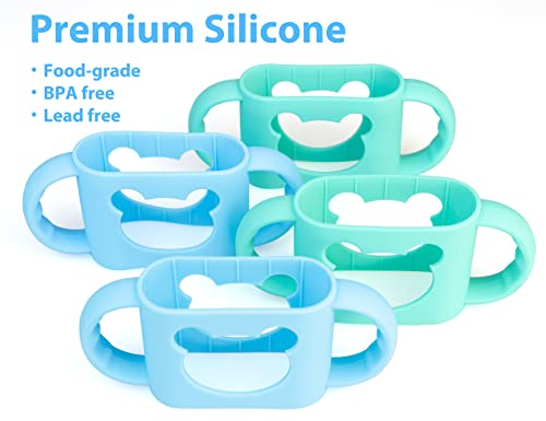 Baby Bottle Handles, Durable Food Grade Silicone Transitional Sippy Cup Handle Grip for Wide-Neck Baby Bottles, Cute Bear Design, Pack of 2, Blue & Turquoise