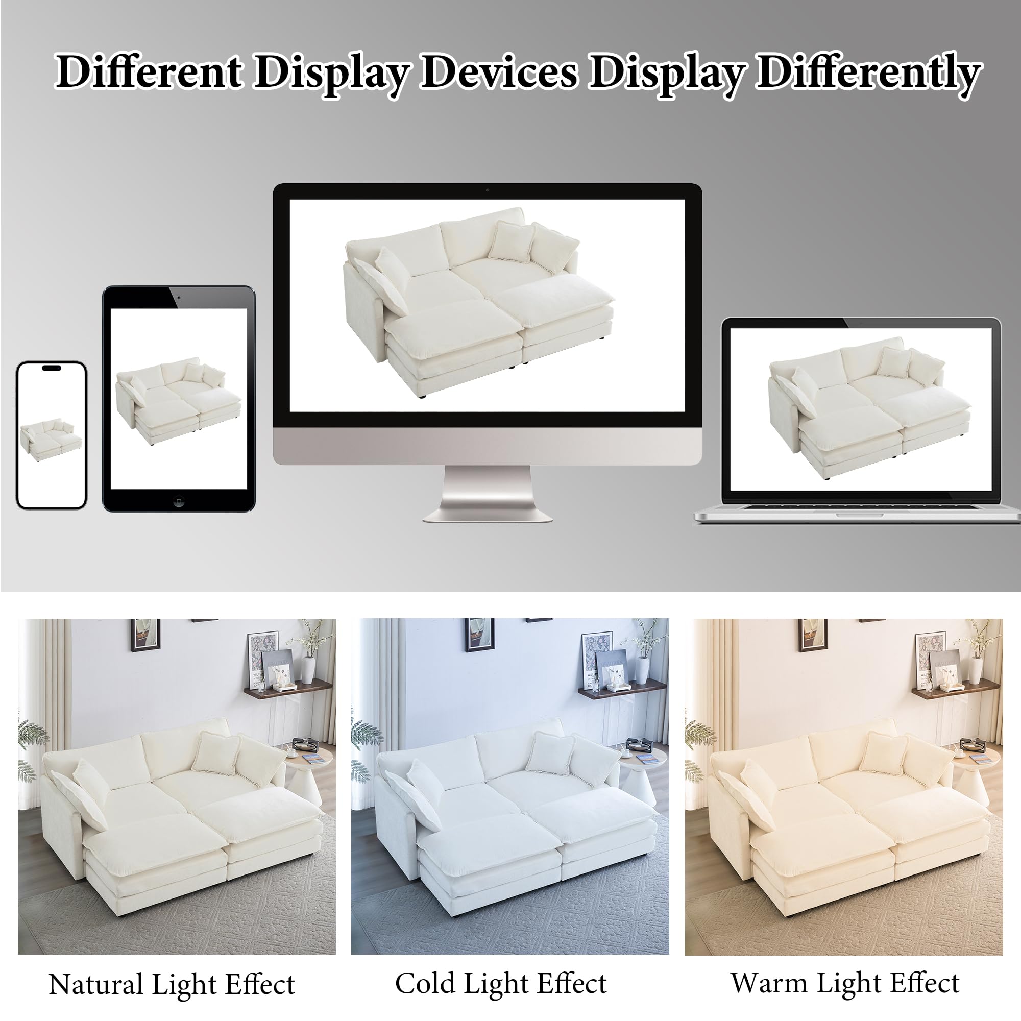 76.7" Deep Seat Sectional Cloud Sofa with 2 Ottomans & Soft Pillows, Loveseat Modular Couch for Living Room, Apartment, Small Space, Beige Chenille
