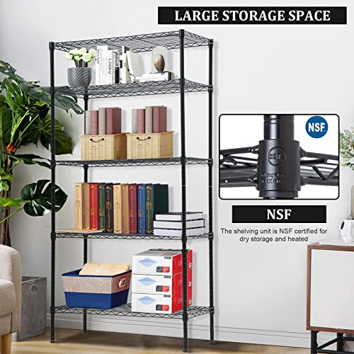Storage Metal Shelf, 5 Tier Heavy Duty Shelves, Organizer Metal Wire Rack, NSF Wire Shelving Unit, Durable Shelving for Garage Pantry Closet Kitchen Office Laundry, 14"D x 24"W x 60"H, 750 Lbs(Black)