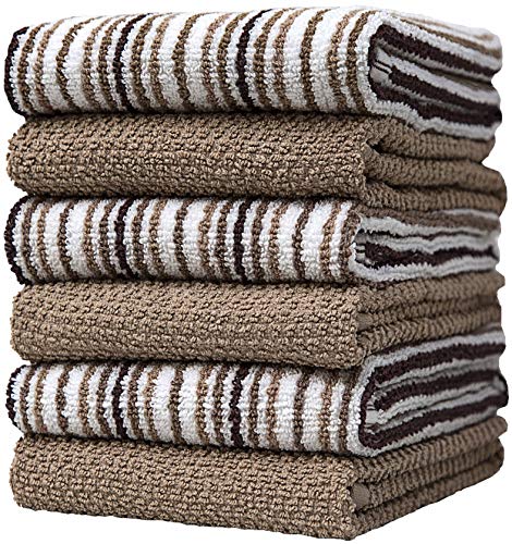 400 GSM Absorbent 6 Pack Cotton Popcorn Stripe Kitchen Towels with Hanging Loop - 16x26 Inches, Tan