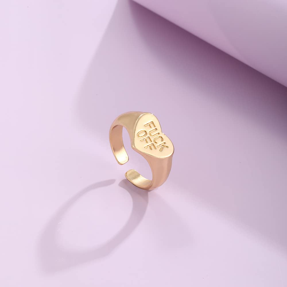 2Pcs Personalized FUCK OFF Words Heart Band Ring for Women Girls Vintage Cool Open Adjustable Stacking Knuckle Ring Hip Hop Style