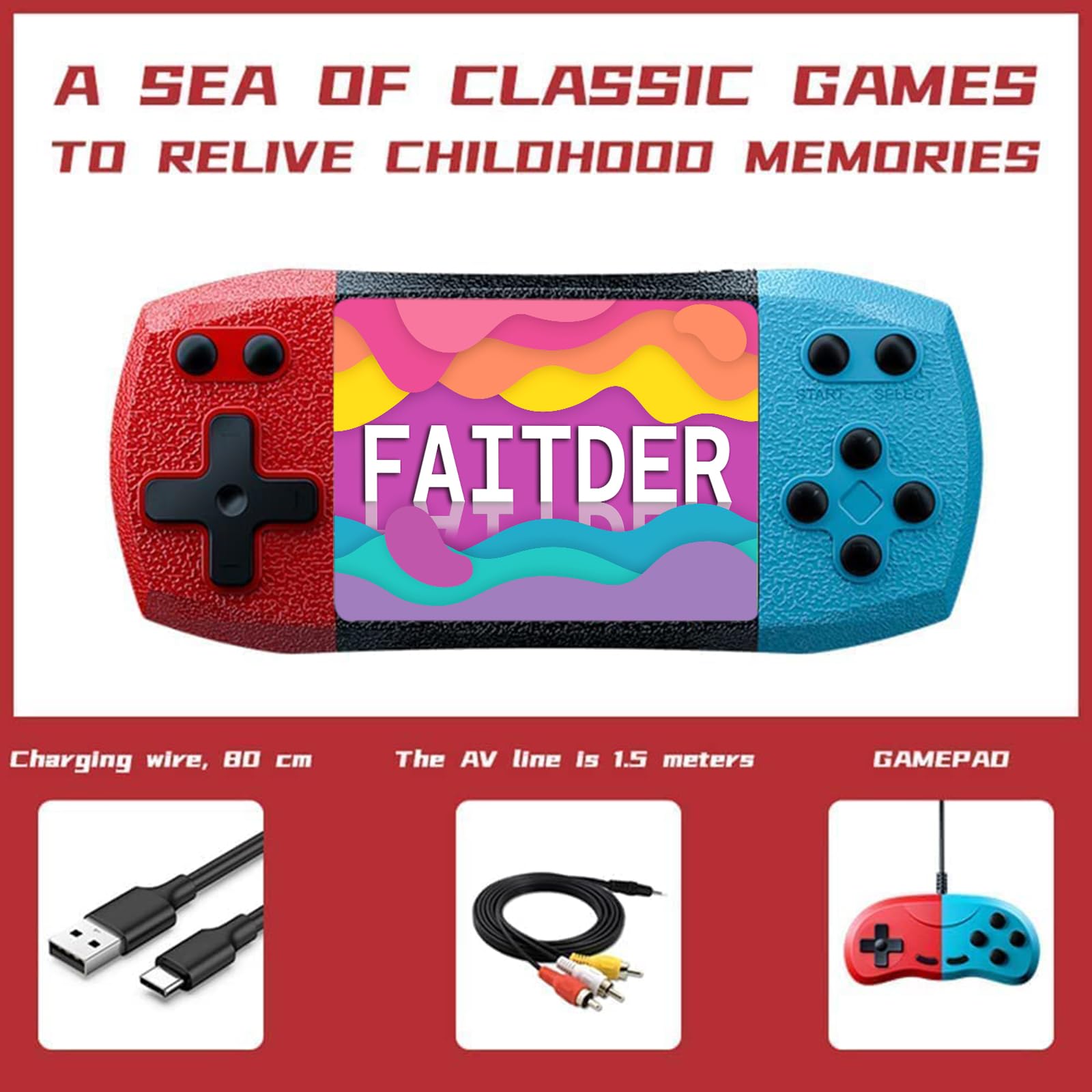 FAITDER - Retro Handheld Game Console Built-in 620 Classic Game 3 Inch Screen Portable Handheld Video Game Console Supports TV Connection and Two Player Games Boys Girls Birthday