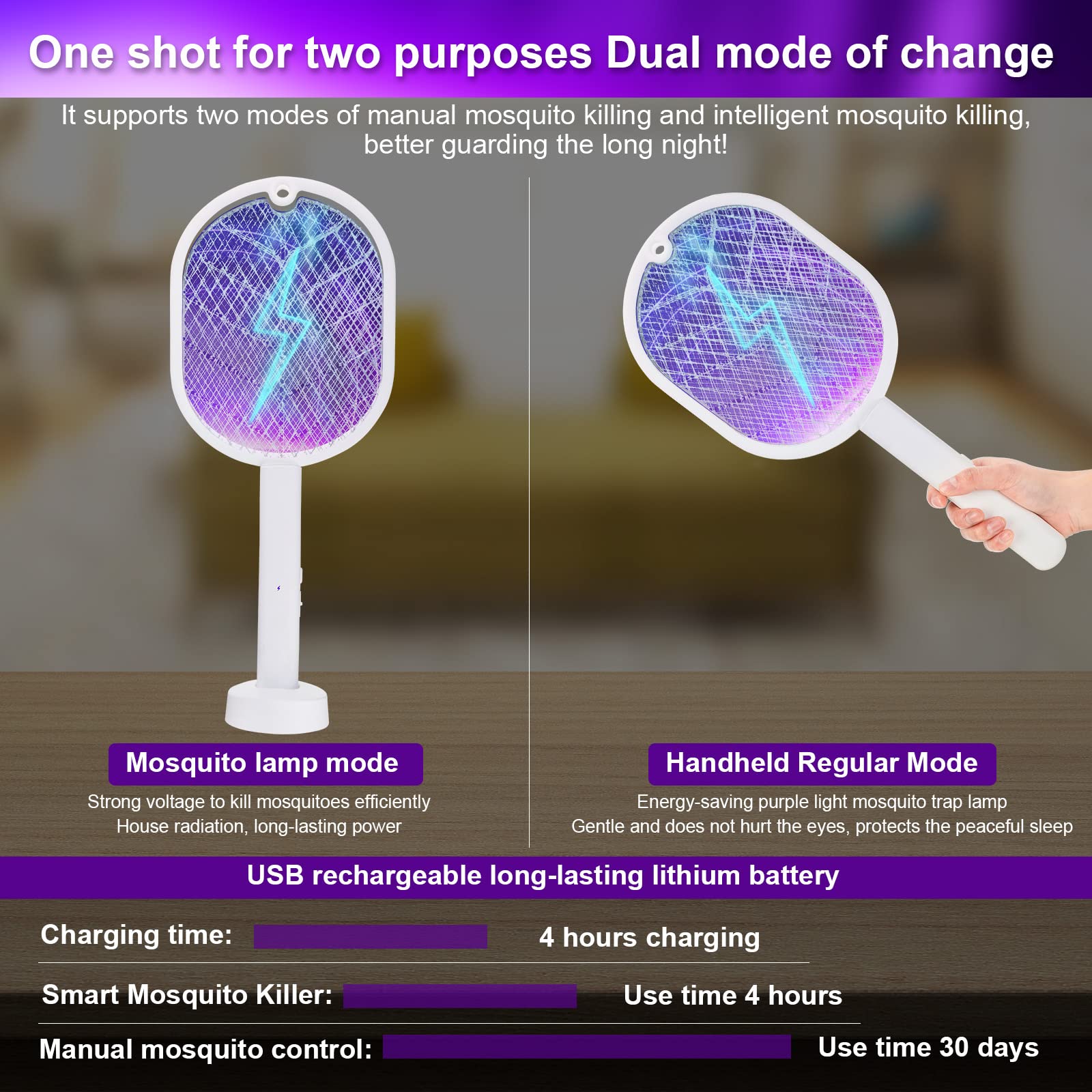 4 Pcs Electric Fly Swatter Bug Zapper Racket 2 in 1 USB Rechargeable Mosquito Racket 3000v High Powered Mosquito Killer for Indoor Outdoor Home Bedroom Kitchen Patio Office Insect