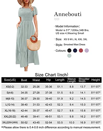 Annebouti 2023 Women's Summer Puff Short Sleeve Dress Modest Flowy A Line Ruffle Tiered Long Casual Smocked Maxi Dress with Pockets Solid Light Green S