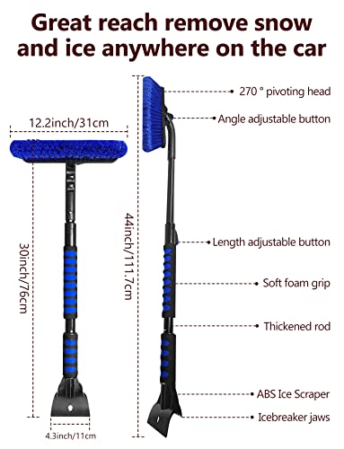 auccutro 44'' Snow Brush Ice Scraper for Car Windshield, Extendable Snow Removal Tool Car Brush with Comfortable Foam Grip and Sturdy Aluminum Handle for Car, Truck, SUV