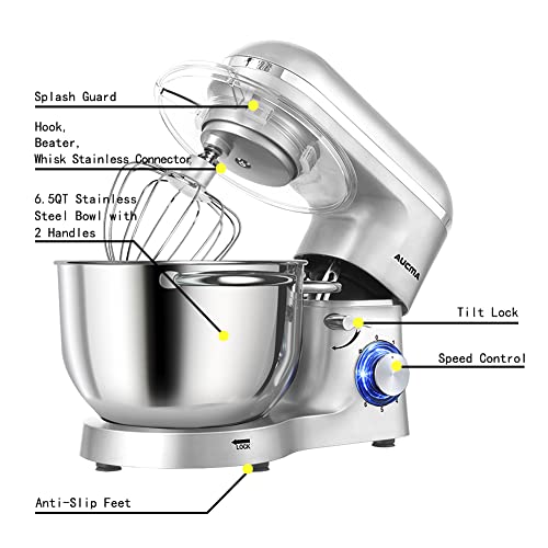 Aucma Stand Mixer,6.5-QT 660W 6-Speed Tilt-Head Food Mixer, Kitchen Electric Mixer with Dough Hook, Wire Whip & Beater (6.5QT, Silver)
