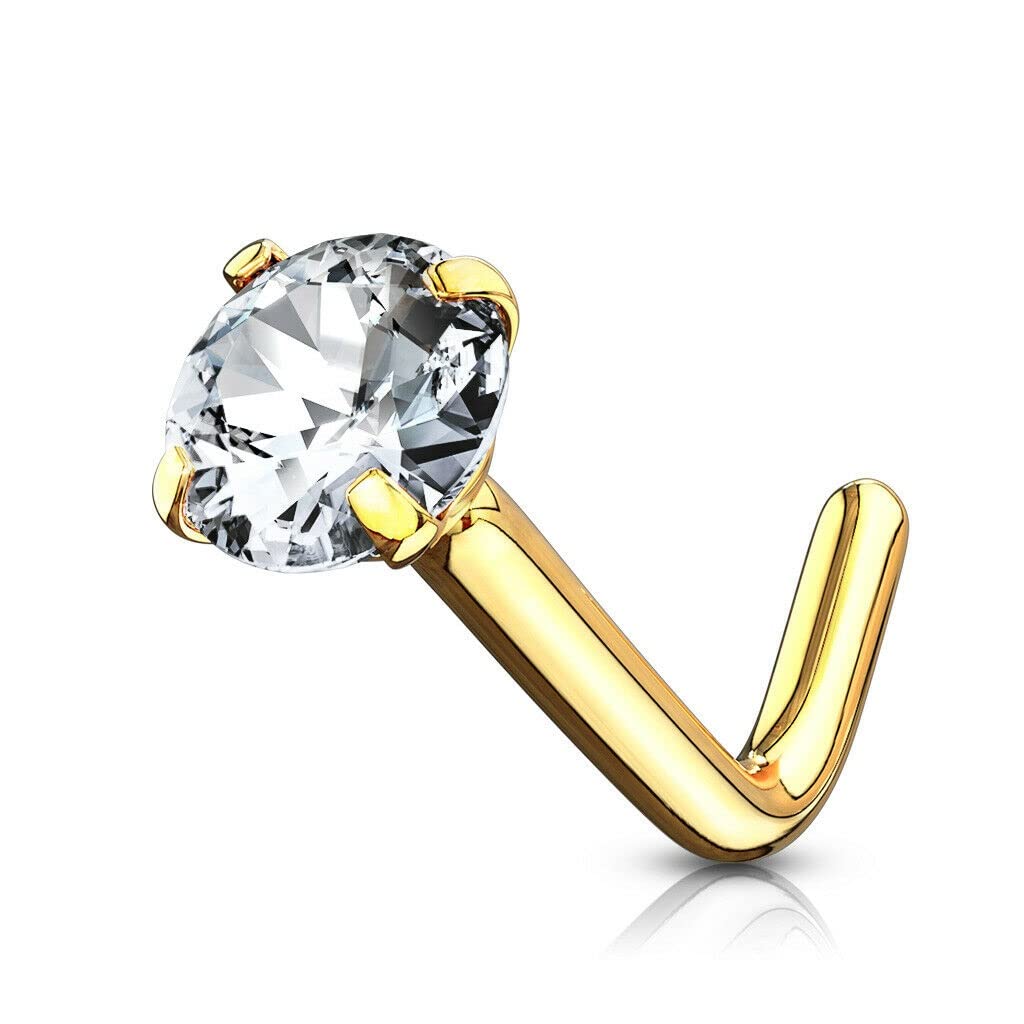 3mm Prong Round CZ 14K Gold L Bend Nose Ring 18g - Gold