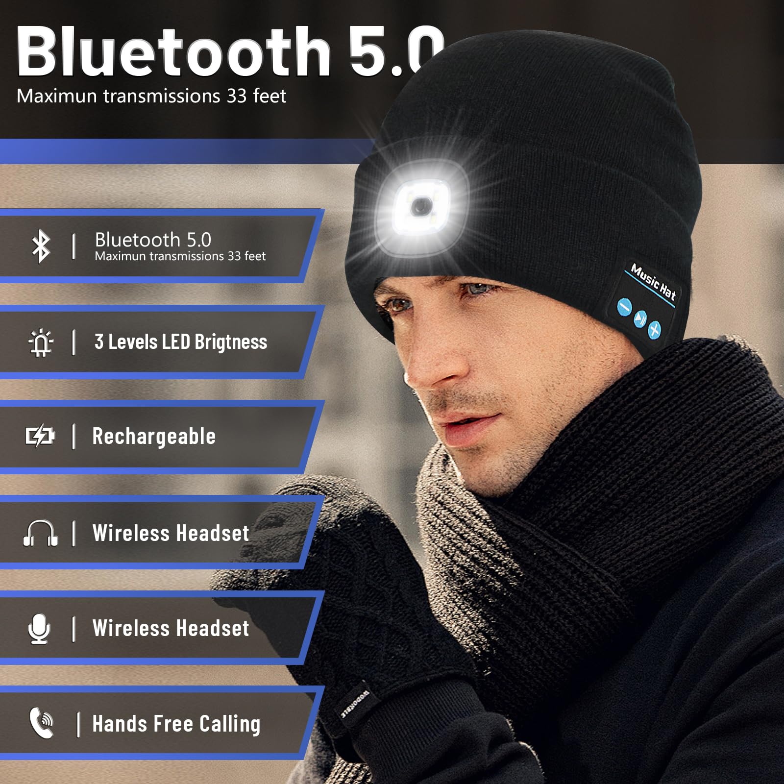 Keains Bluetooth Beanie with Light, Musical Knit Hat with Headphones and Built-in Speaker Mic, Gifts for Men Women Dad Pink